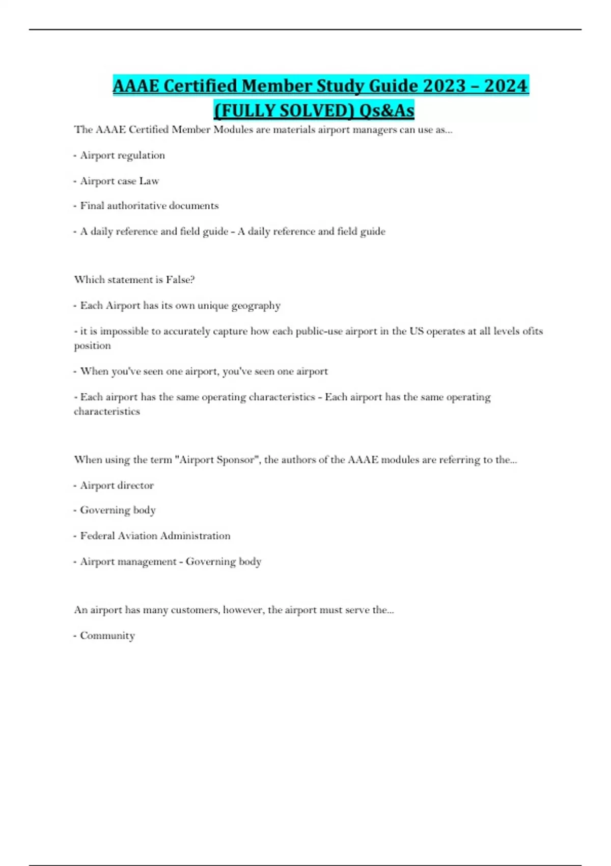 AAAE Certified Member Study Guide 2023 – 2024 (FULLY SOLVED) Qs&As ...