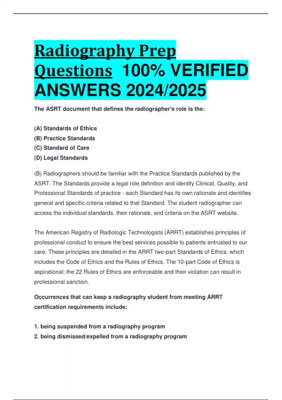 BEST ANSWERS Radiography Prep Questions 100% VERIFIED ANSWERS 2024/2025 ...