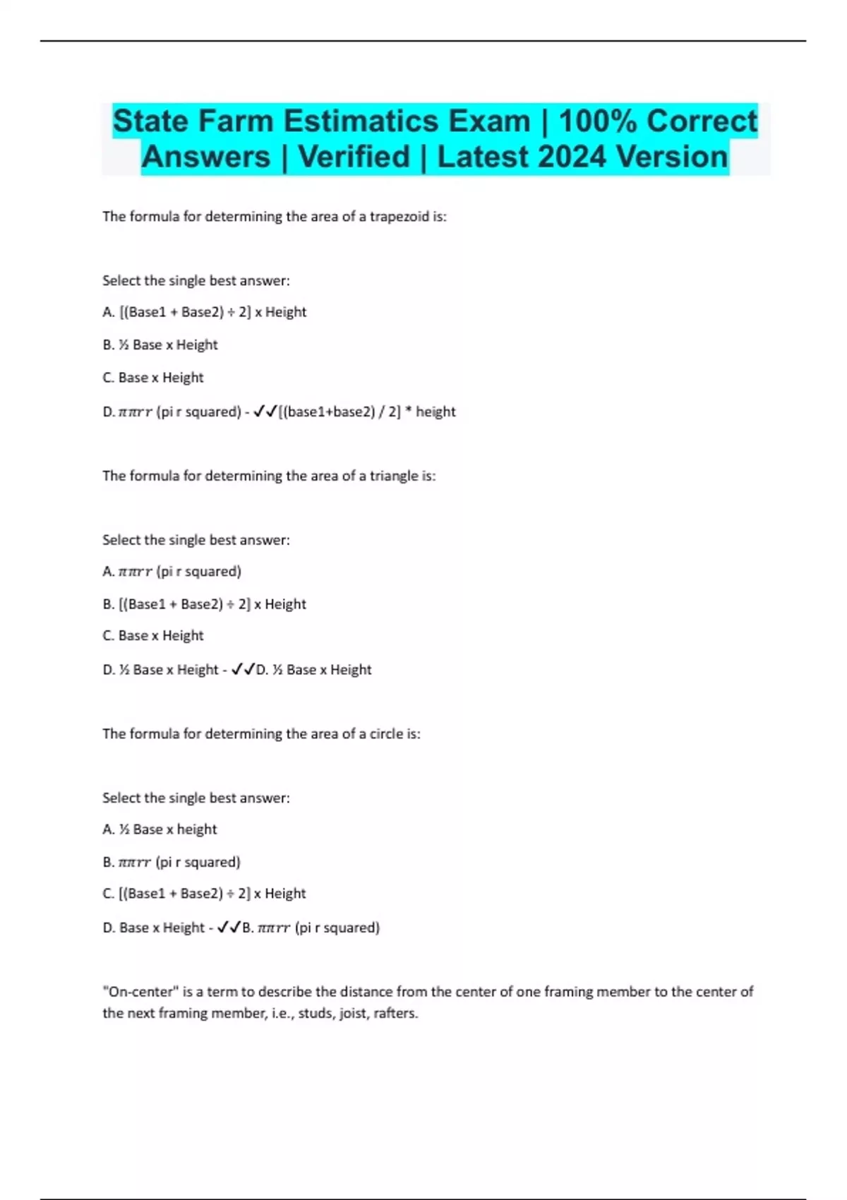 State Farm Estimatics Exam | 100% Correct Answers | Verified | Latest ...