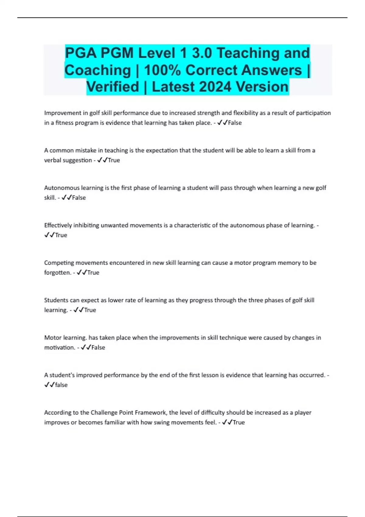 PGA PGM Level 1 3.0 Teaching and Coaching | 100% Correct Answers ...