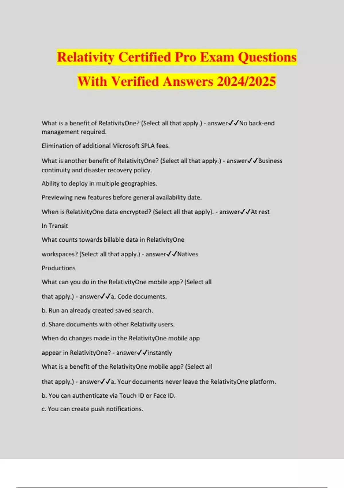 Relativity Certified Pro Exam Questions With Verified Answers 2024/2025 ...