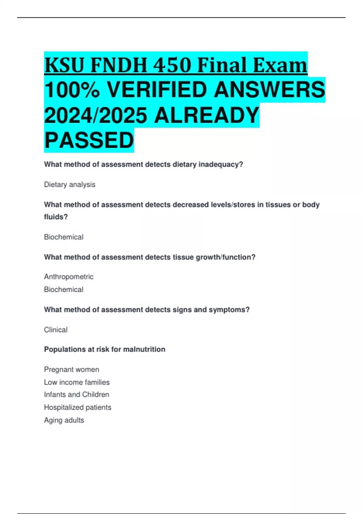 BEST ANSWERS KSU FNDH 450 Final Exam 100% VERIFIED ANSWERS 2024/2025 ...