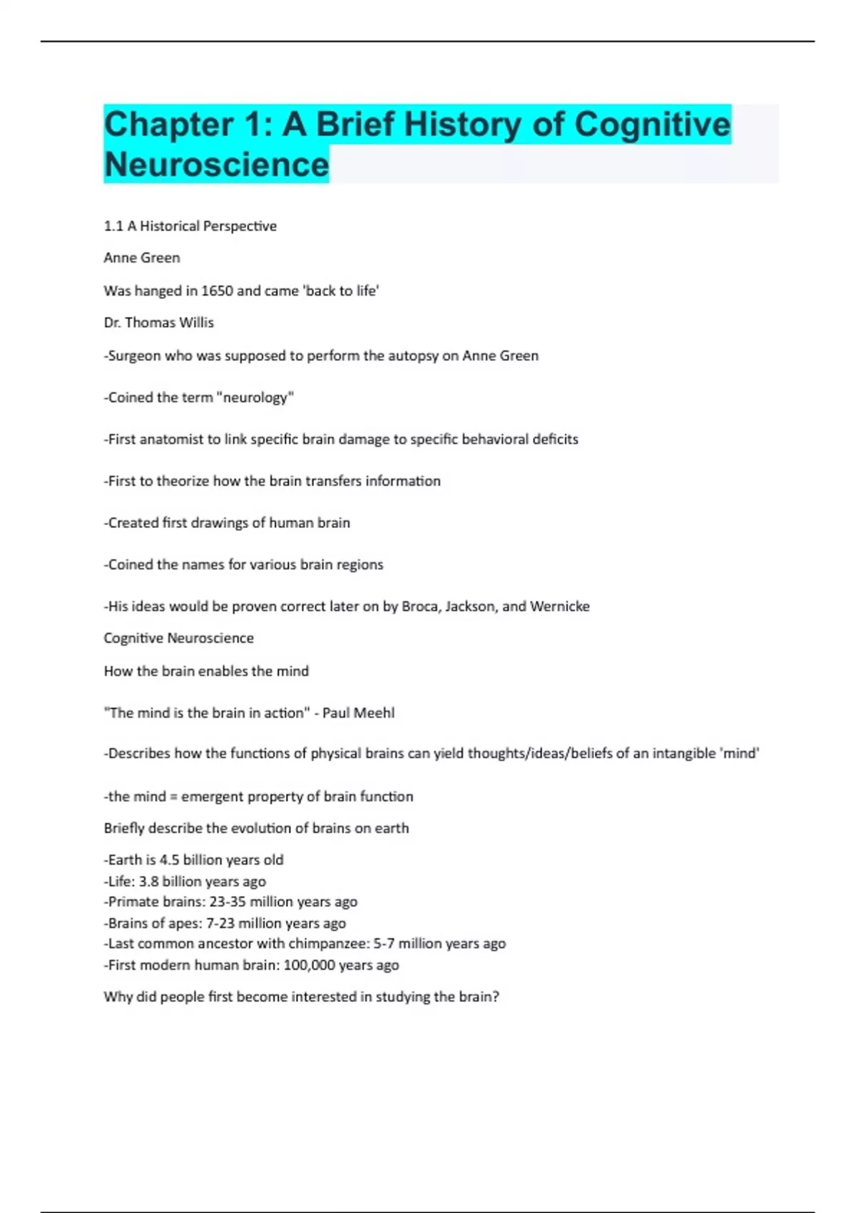 Chapter 1 A Brief History of Cognitive Neuroscience Questions and ...