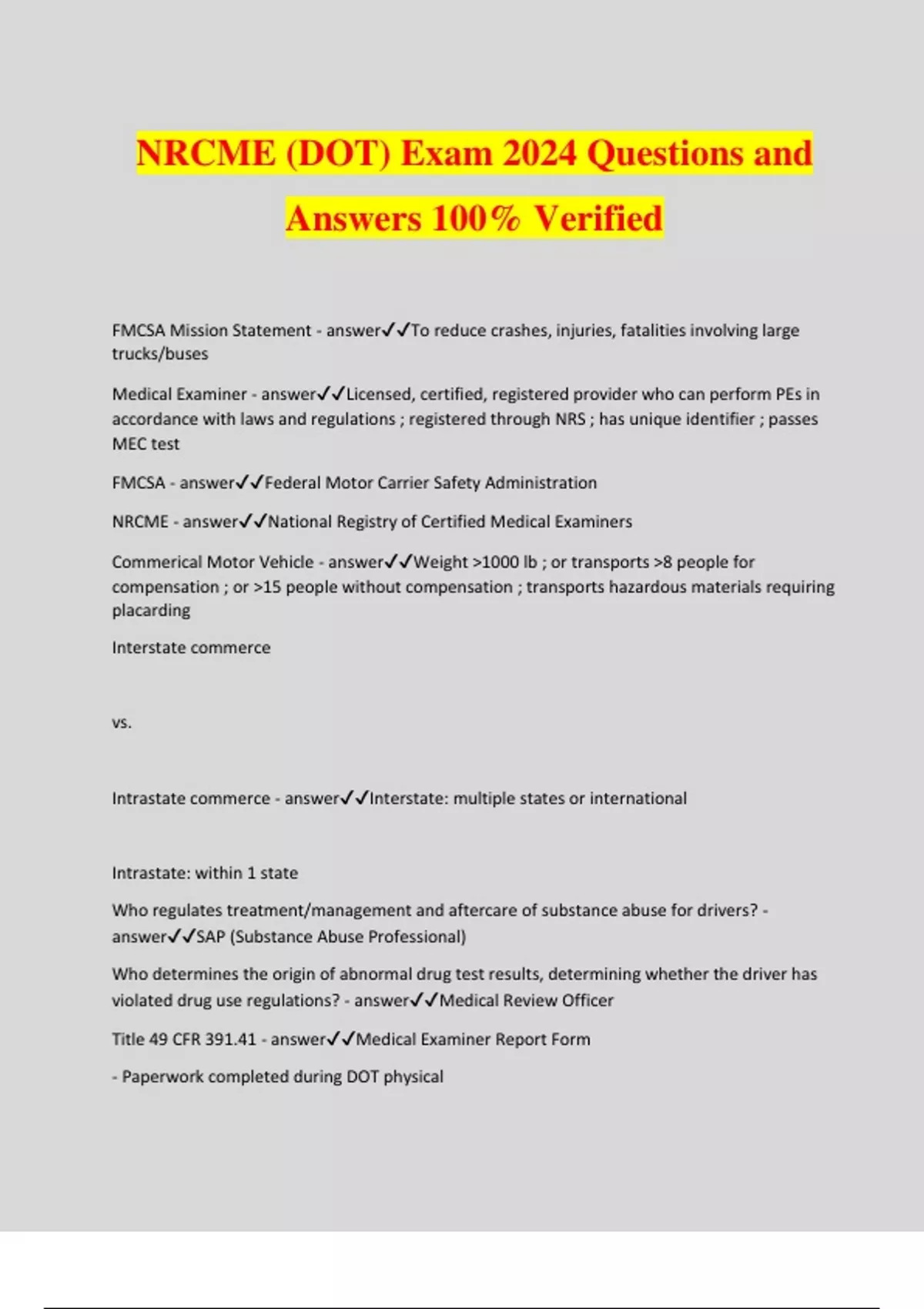 NRCME (DOT) Exam 2024 Questions and Answers 100% Verified - Nrcme ...