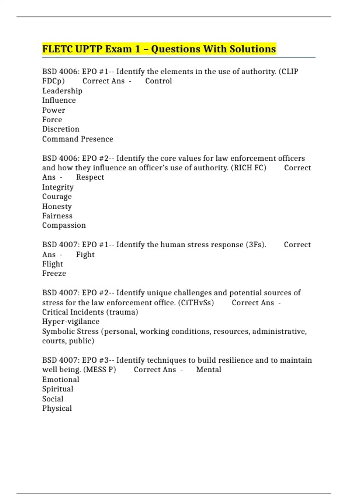 FLETC UPTP Exam 1 – Questions With Solutions - UPTP - Stuvia US