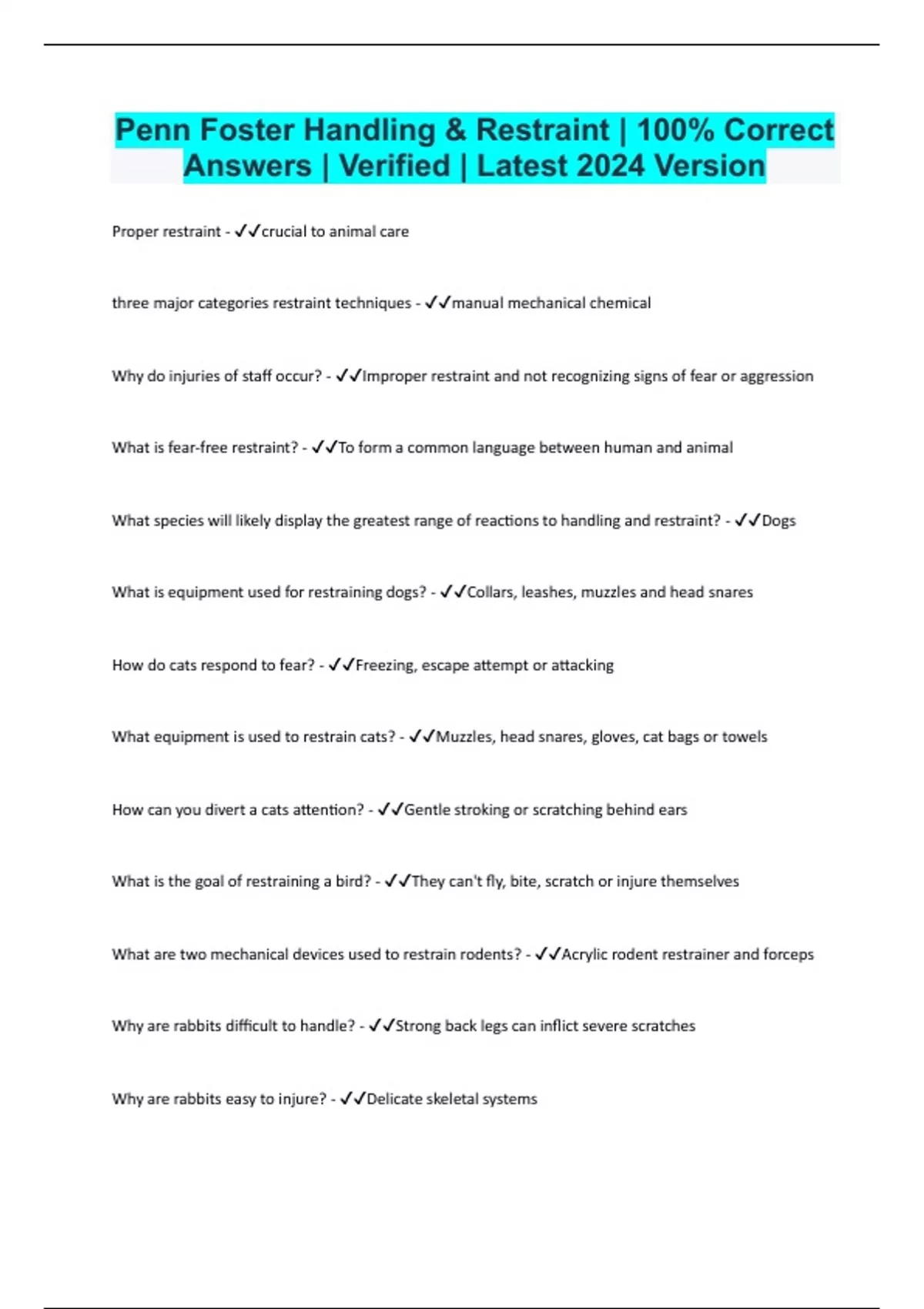 Penn Foster Handling & Restraint | 100% Correct Answers | Verified ...