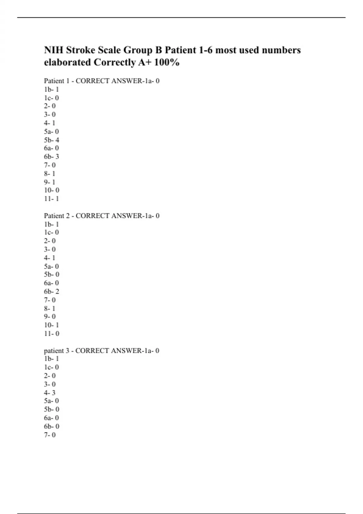 NIH Stroke Scale Group B Patient 1-6 most used numbers elaborated Correctly A+ 100% - NIH Stroke ...