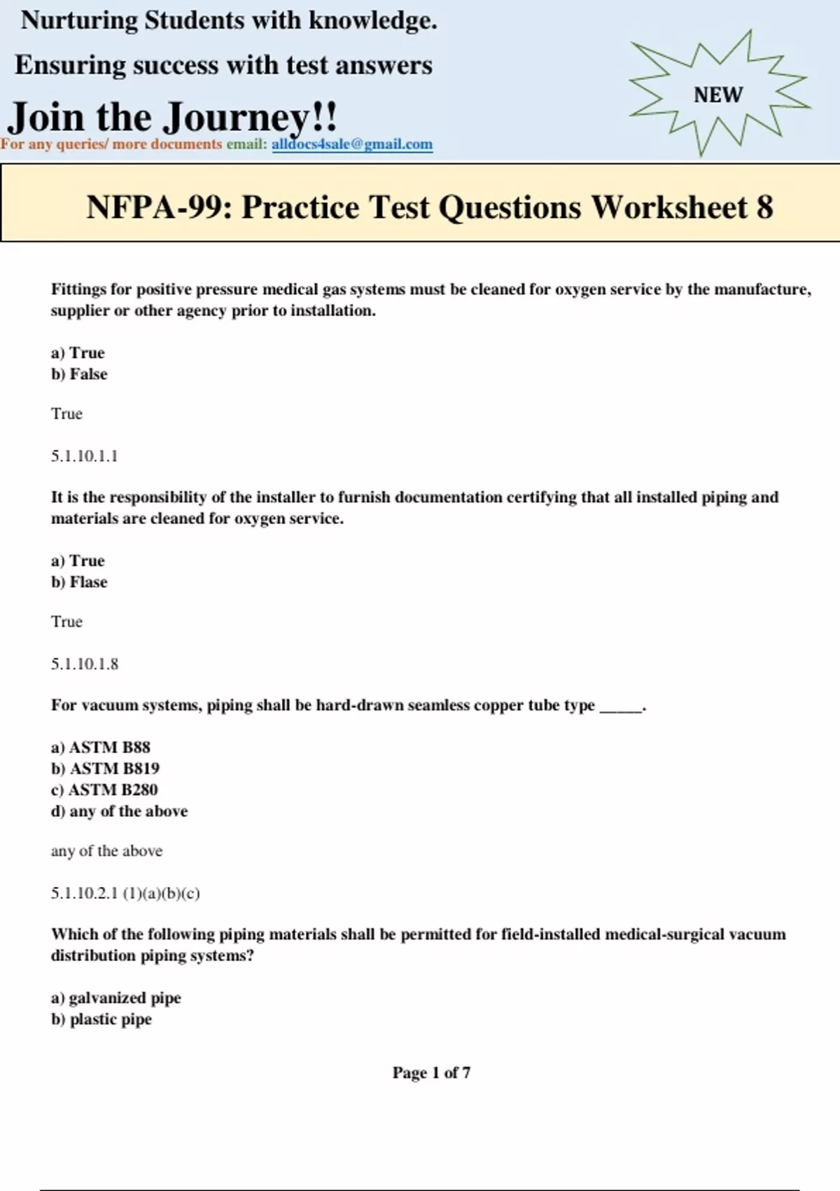 NFPA-99 Practice Test Questions Worksheet 8questions with all the ...