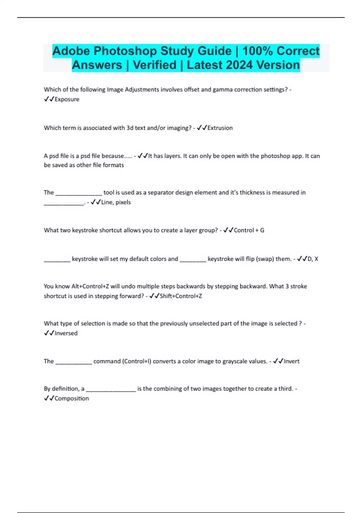 Adobe Photoshop Study Guide | 100% Correct Answers | Verified | Latest ...