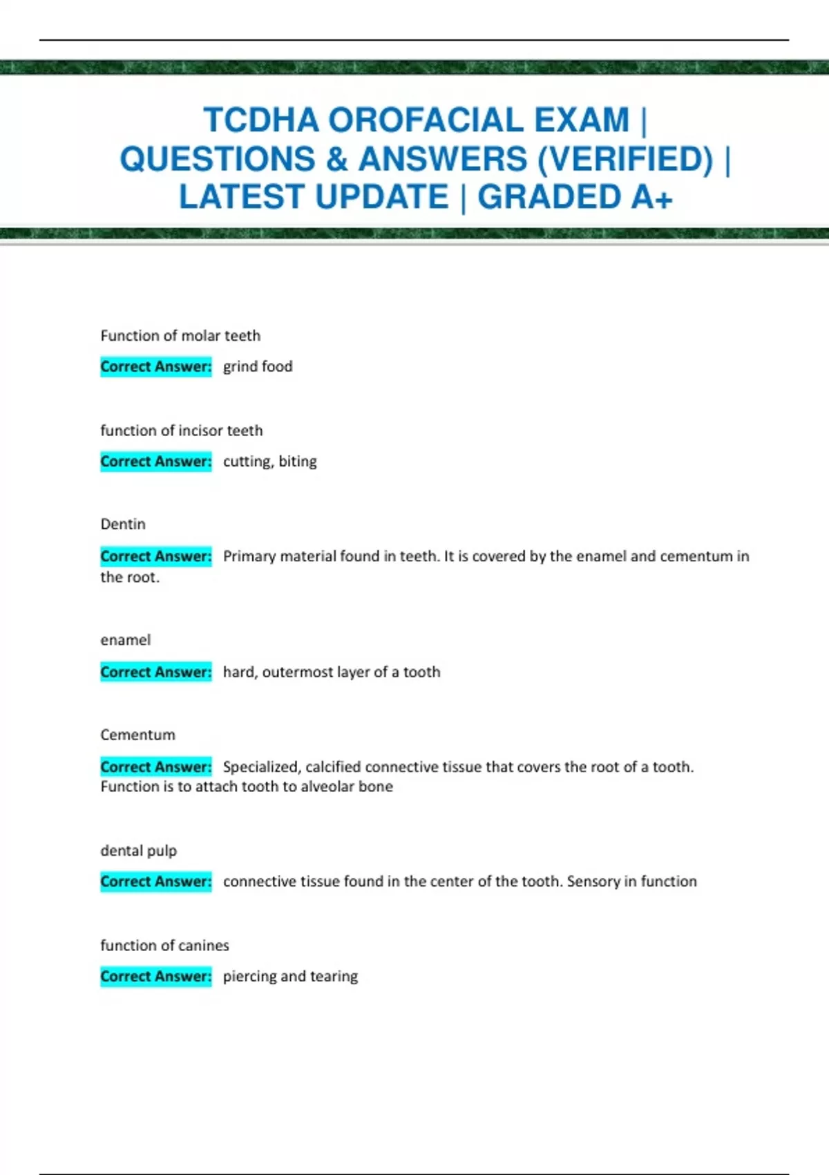 TCDHA OROFACIAL EXAM | QUESTIONS & ANSWERS (VERIFIED) | LATEST UPDATE ...
