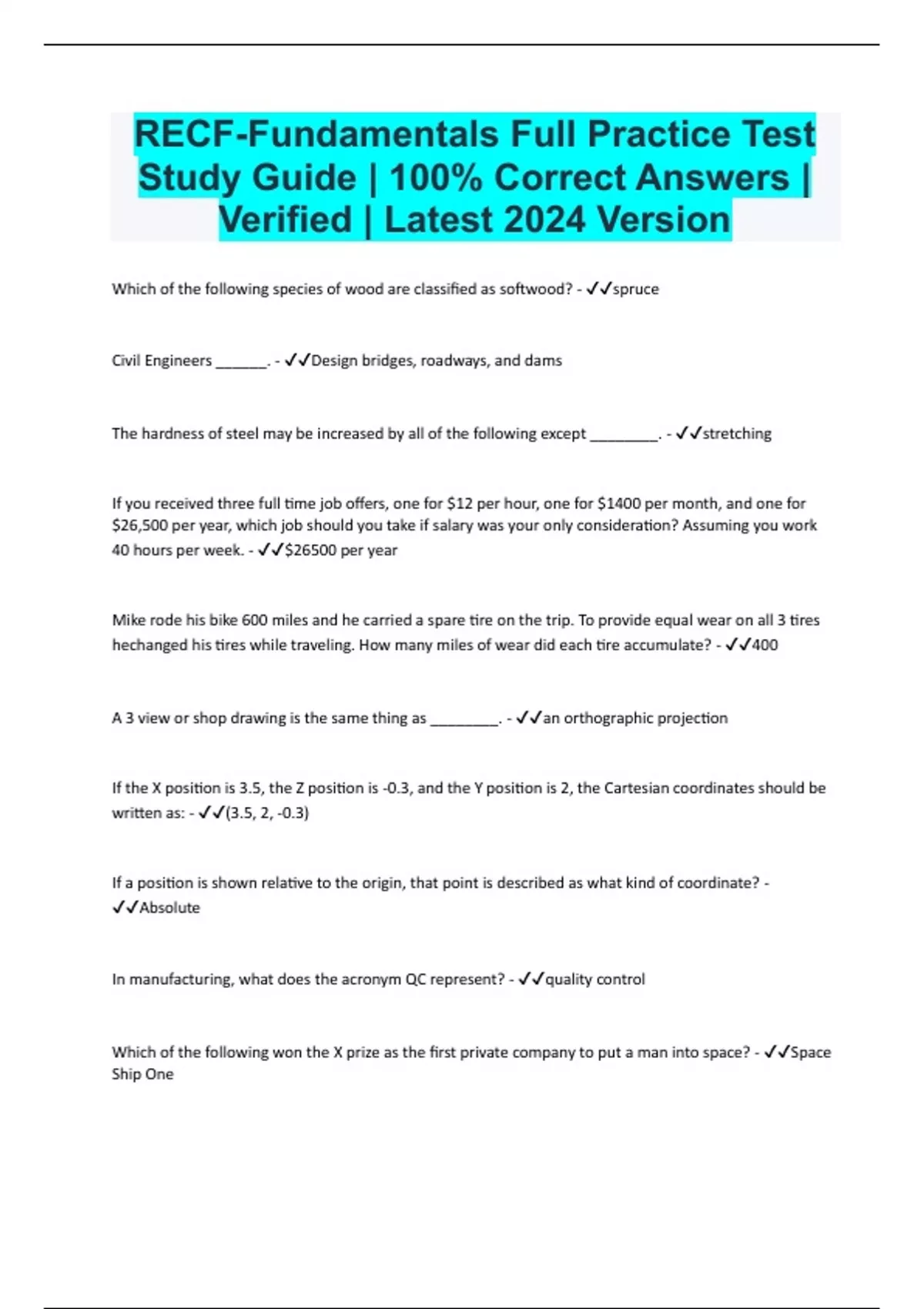 RECF-Fundamentals Full Practice Test Study Guide | 100% Correct Answers ...