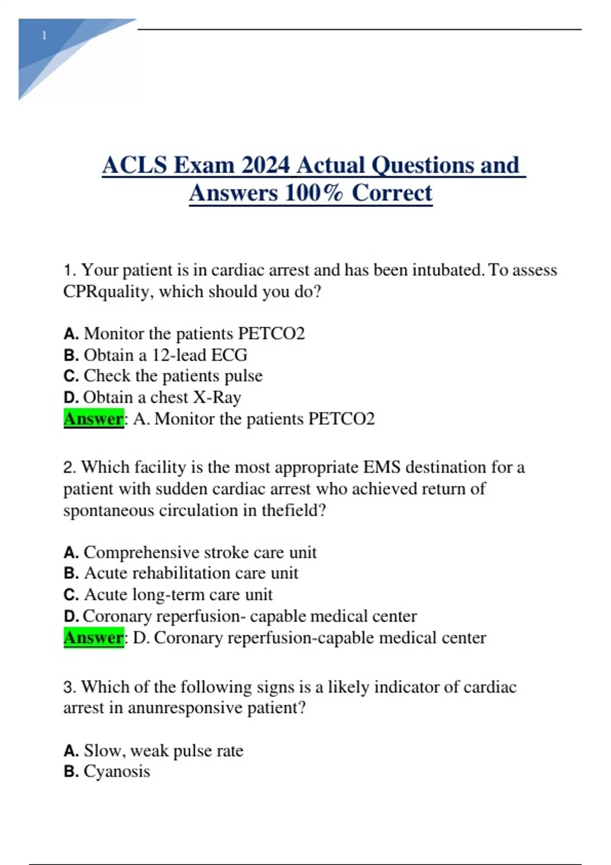 ACLS Exam 2024 Actual Questions and Answers 100% Correct - ACLS 7 ...