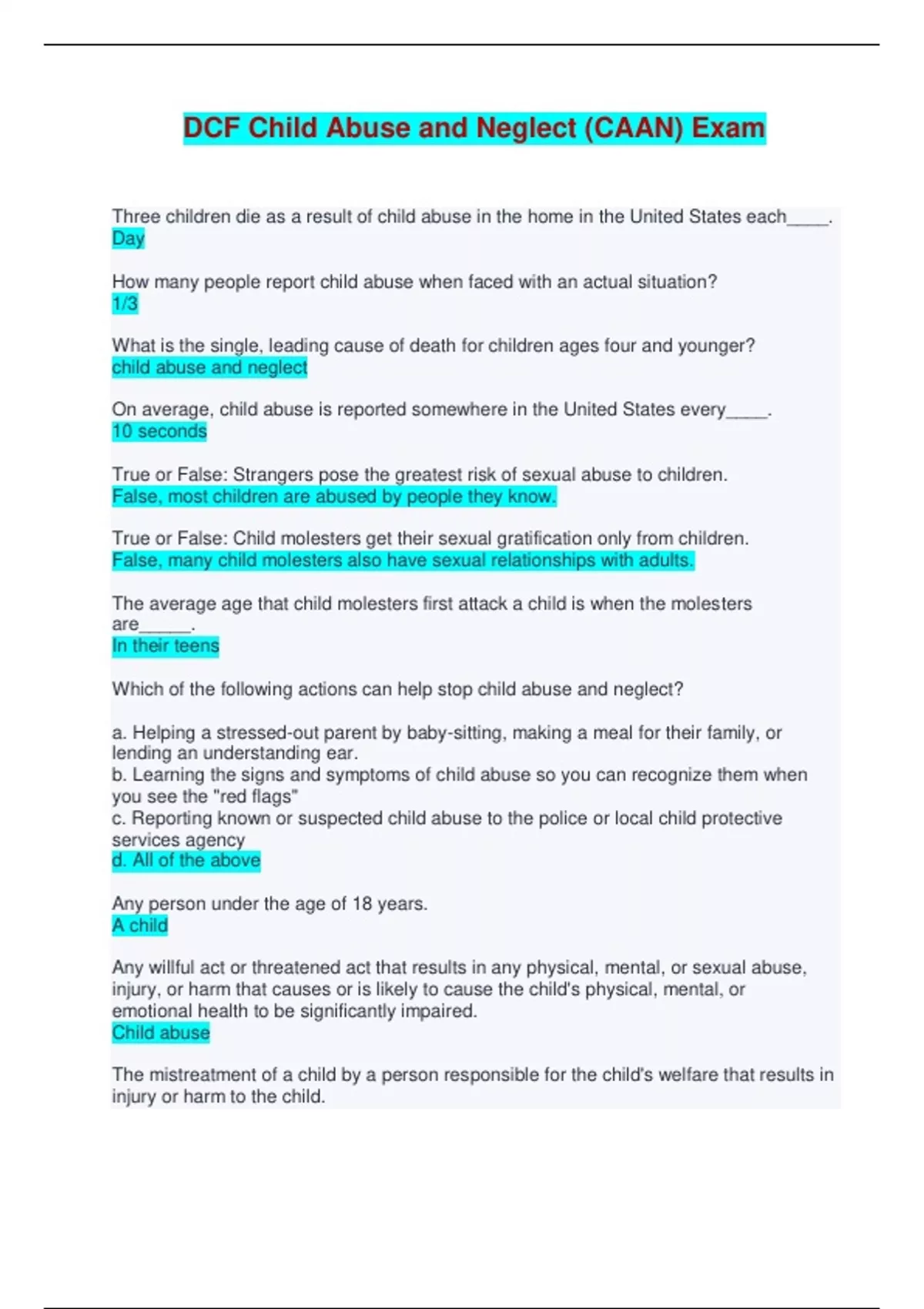 DCF Child Abuse and Neglect (CAAN) Exam - Q & A - DCF Child Abuse and ...