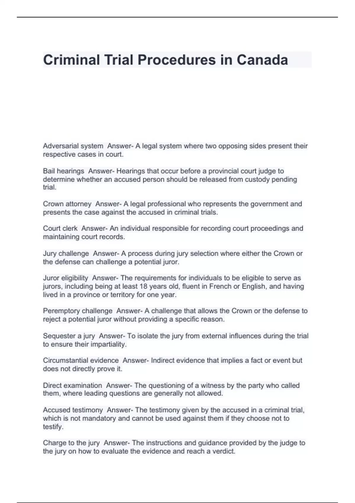 Criminal Trial Procedures in Canada - Criminal Trial Procedures - Stuvia US