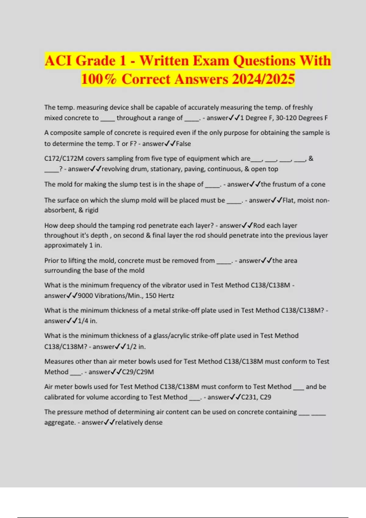 ACI Grade 1 - Written Exam Questions With 100% Correct Answers 2024/ ...
