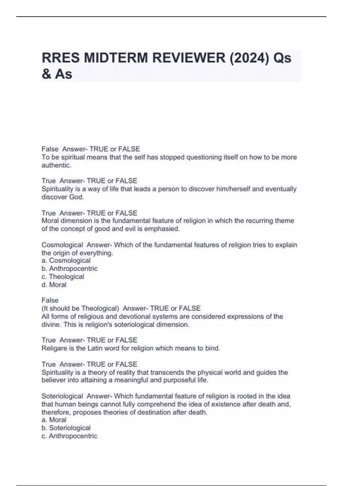 RRES MIDTERM REVIEWER (2024) Qs & As - RRES - Stuvia US