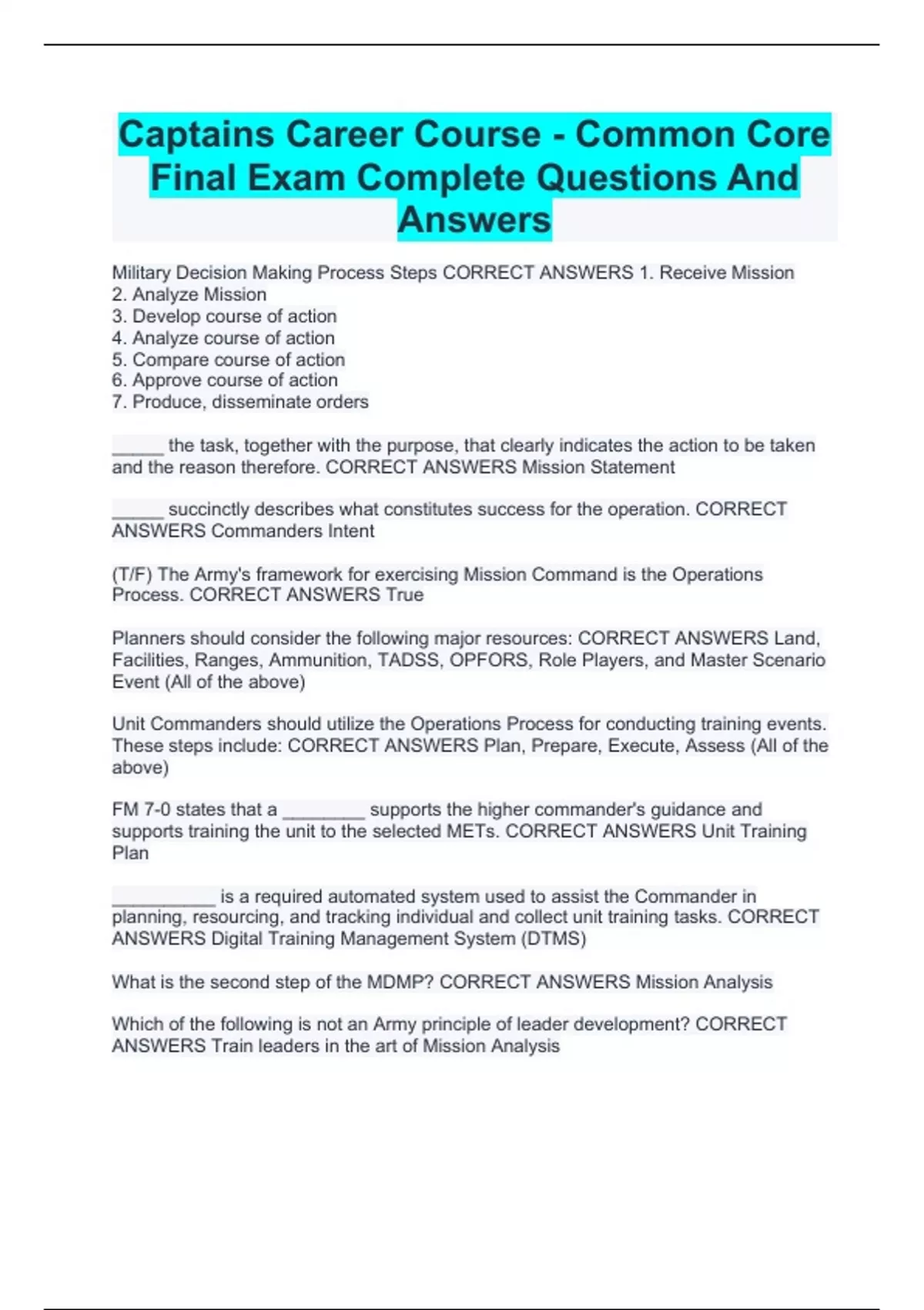 Captains Career Course Common Core Final Exam Complete Questions And Answers Captains Career