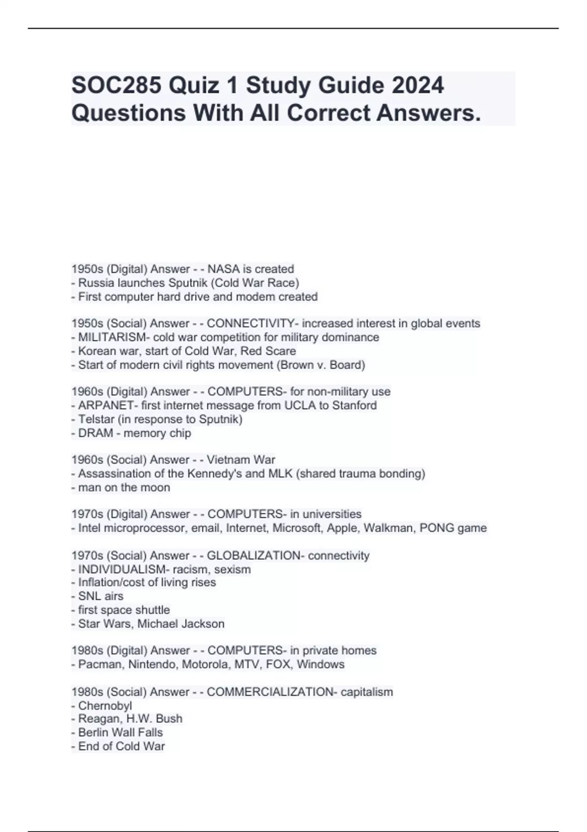 SOC285 Quiz 1 Study Guide 2024 Questions With All Correct Answers ...