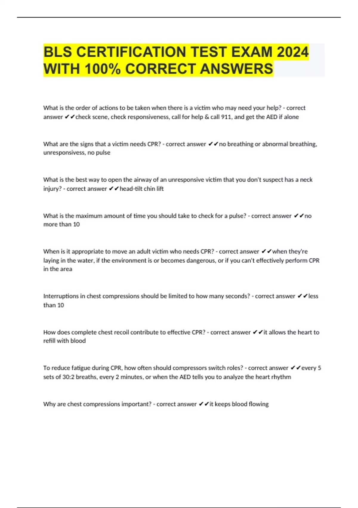 BLS CERTIFICATION TEST EXAM 2024 WITH 100% CORRECT ANSWERS - BLS ...