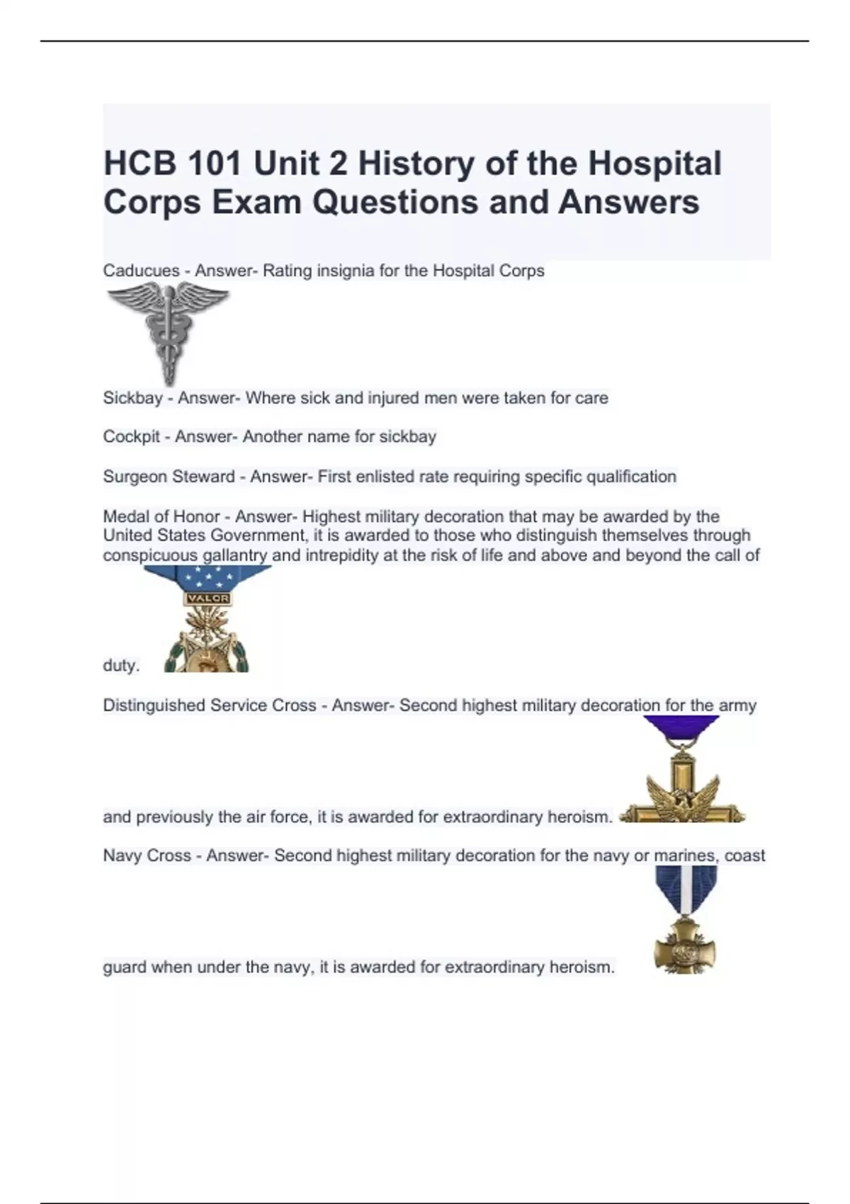 HCB 101 Unit 2 History of the Hospital Corps Exam Questions and Answers ...