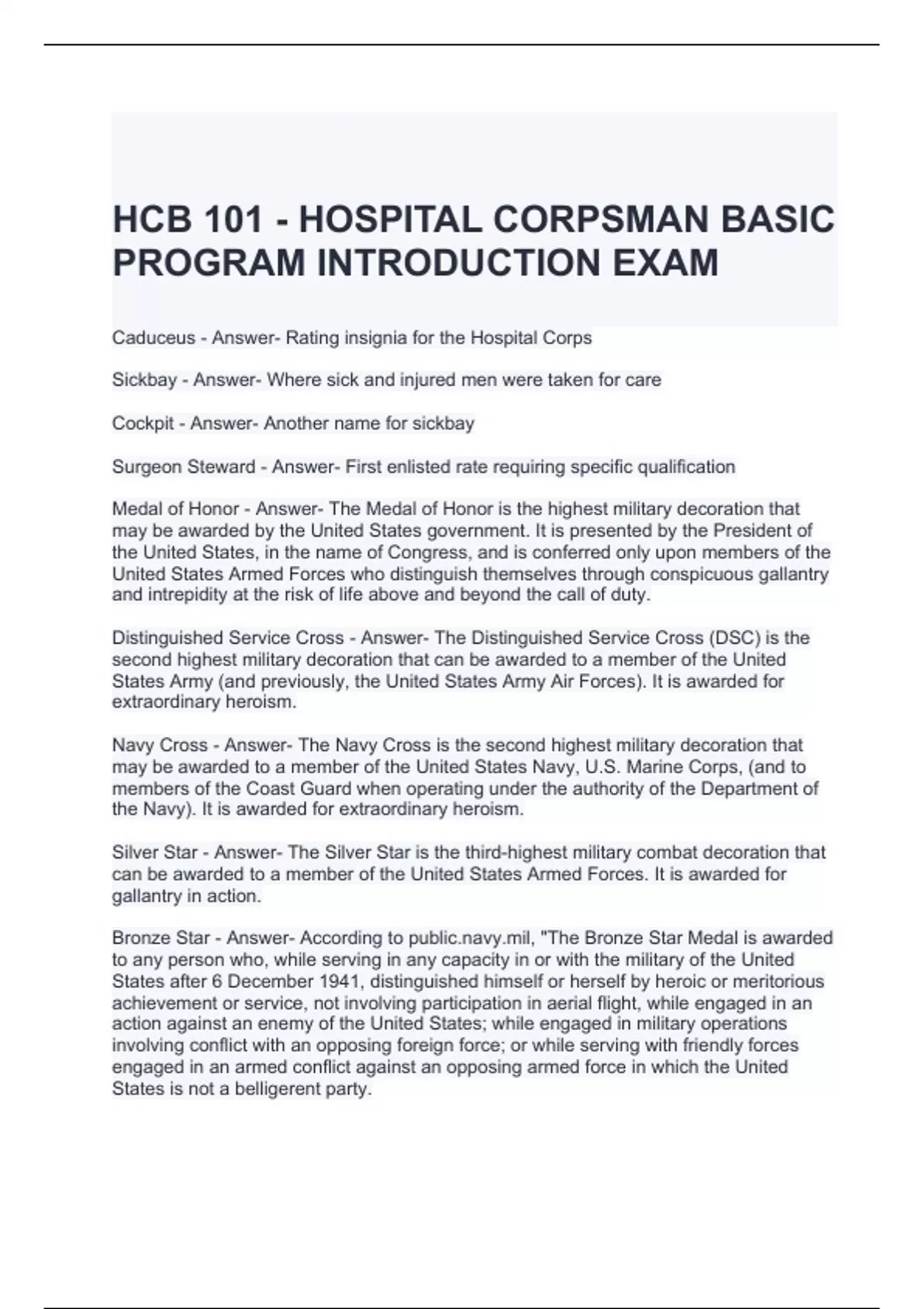 HCB 101 - HOSPITAL CORPSMAN BASIC PROGRAM INTRODUCTION EXAM - Navy ...