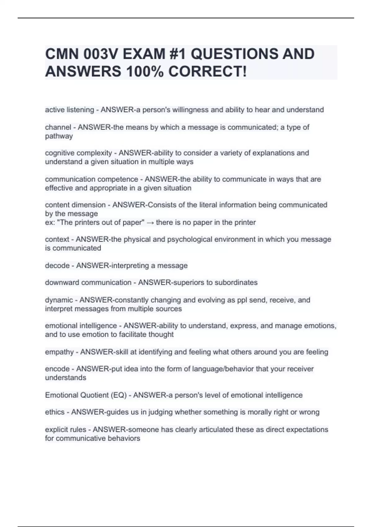 CMN 003V Final EXAM BUNDLE(COMPLETE PACKAGE)with Complete Solutions! - Stuvia US