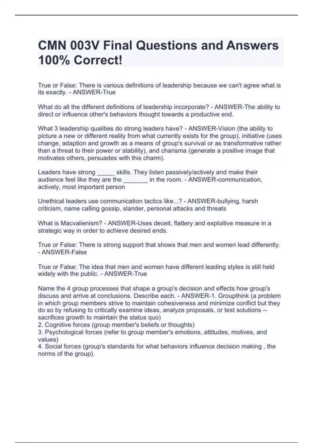 CMN 003V Final Questions and Answers 100% Correct! - CMN 003V - Stuvia US