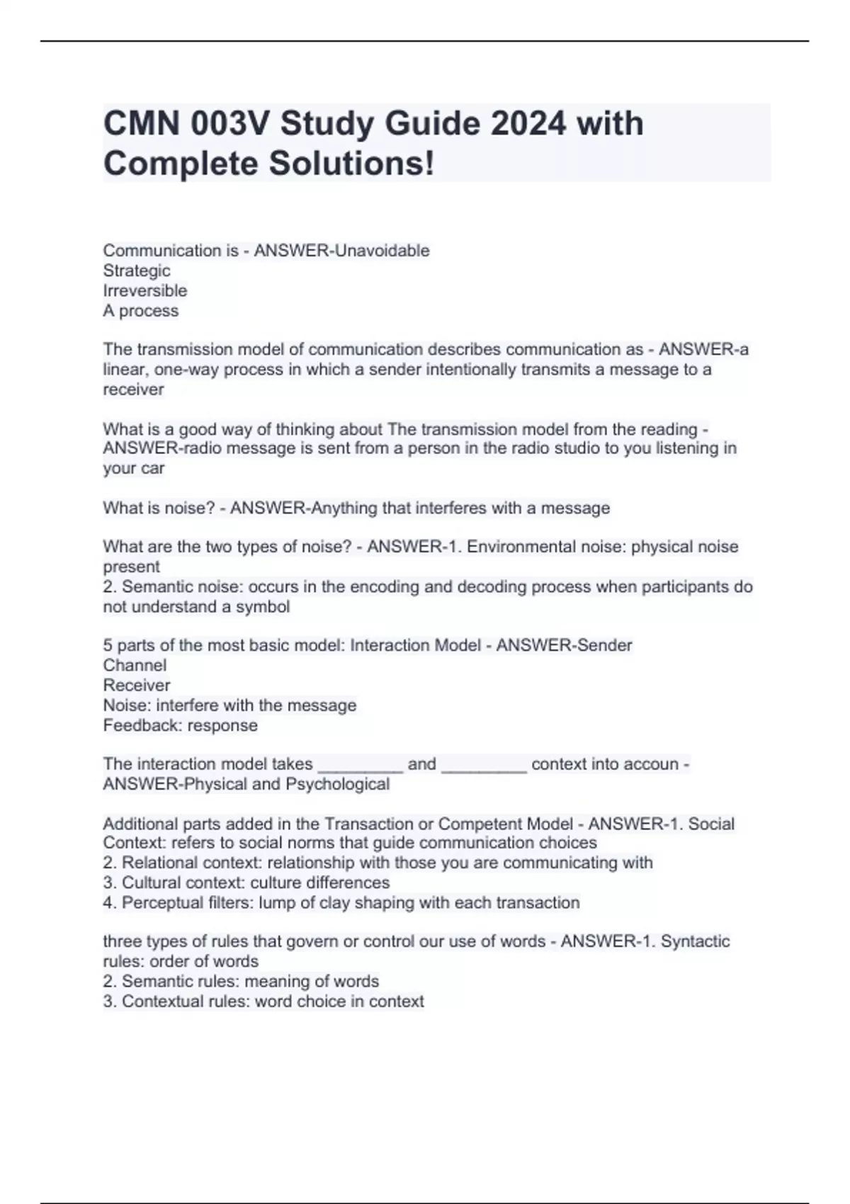 CMN 003V Study Guide 2024 with Complete Solutions! - CMN 003V - Stuvia US