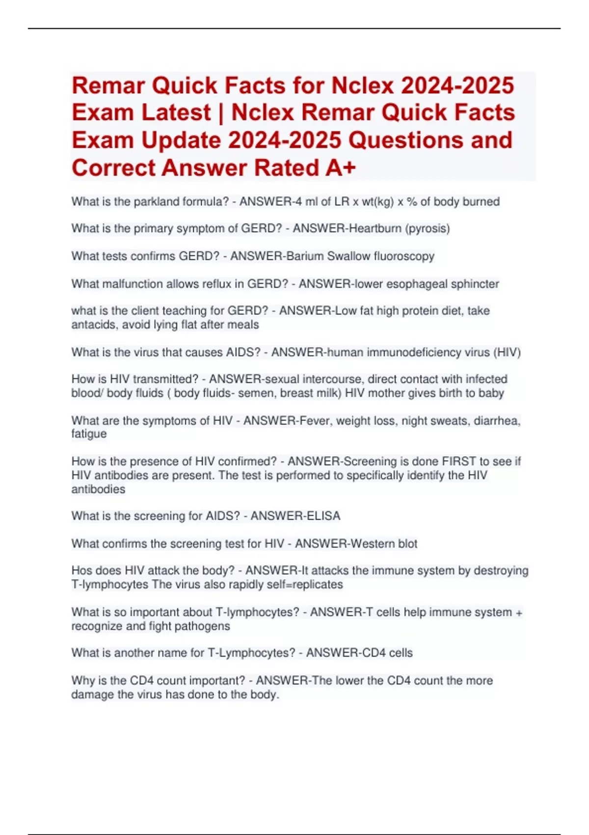 Remar Quick Facts for Nclex Exam Latest | Nclex Remar Quick Facts Exam ...