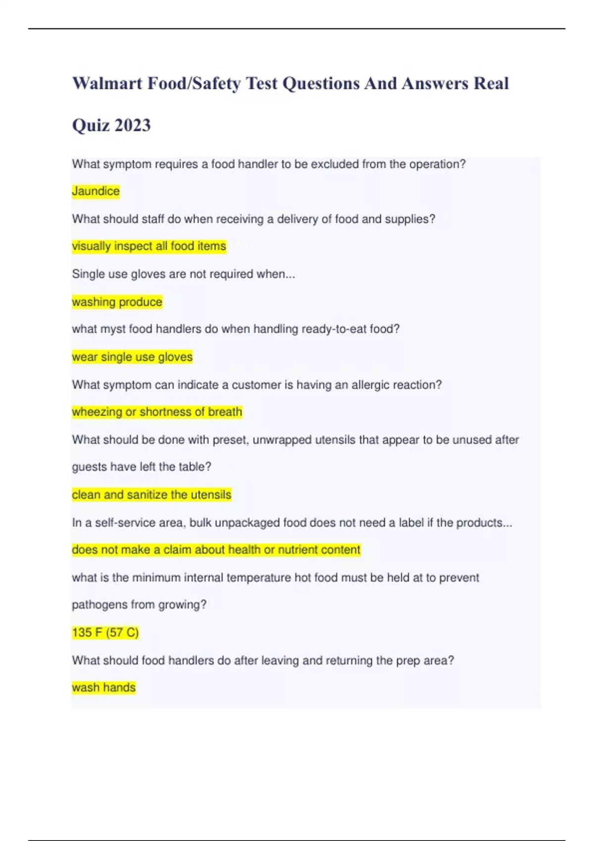 Walmart Food/Safety Test Questions And Answers Real Quiz 2023 - Walmart ...