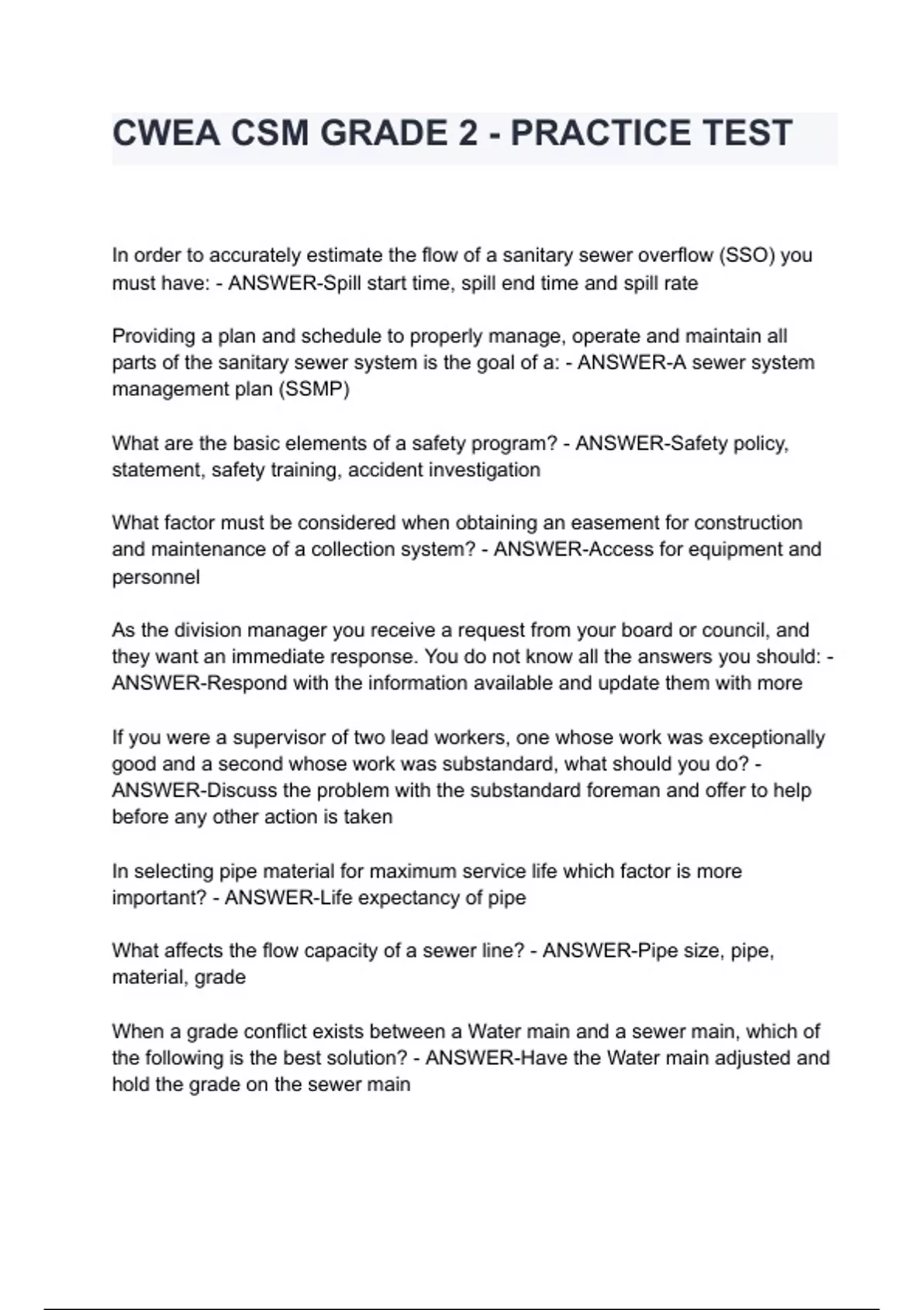 CWEA CSM GRADE 2 - PRACTICE TEST question and answers - CWEA CSM GRADE ...