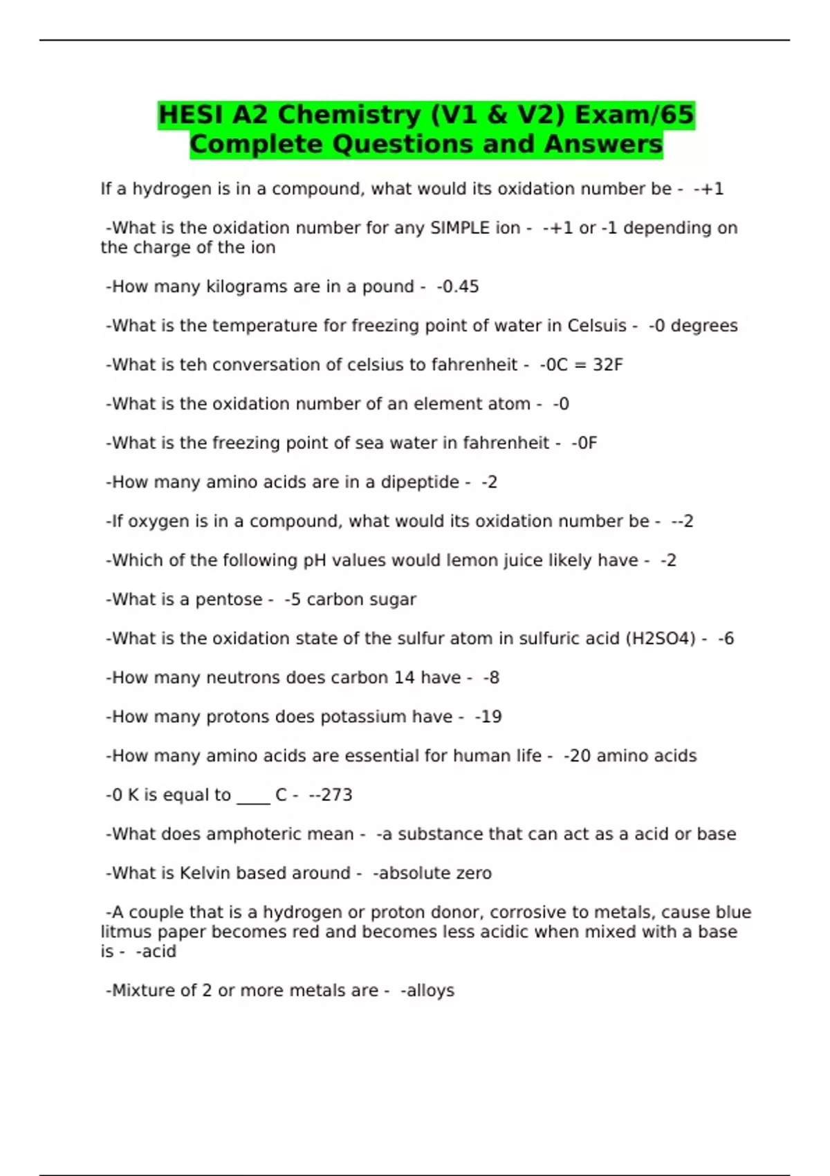 HESI A2 Chemistry (V1 & V2) Exam/65 Complete Questions and Answers - HESI A2 Chemistry - Stuvia US