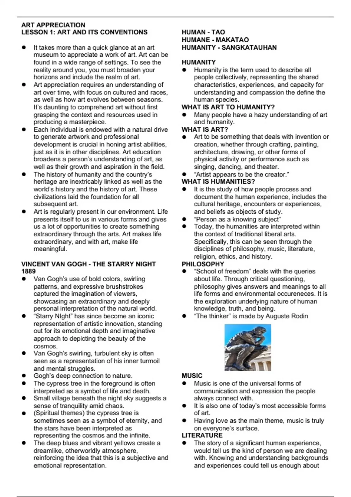 Summary Art Appreciation- Reviewer- First Year - ART APPRE - Stuvia US