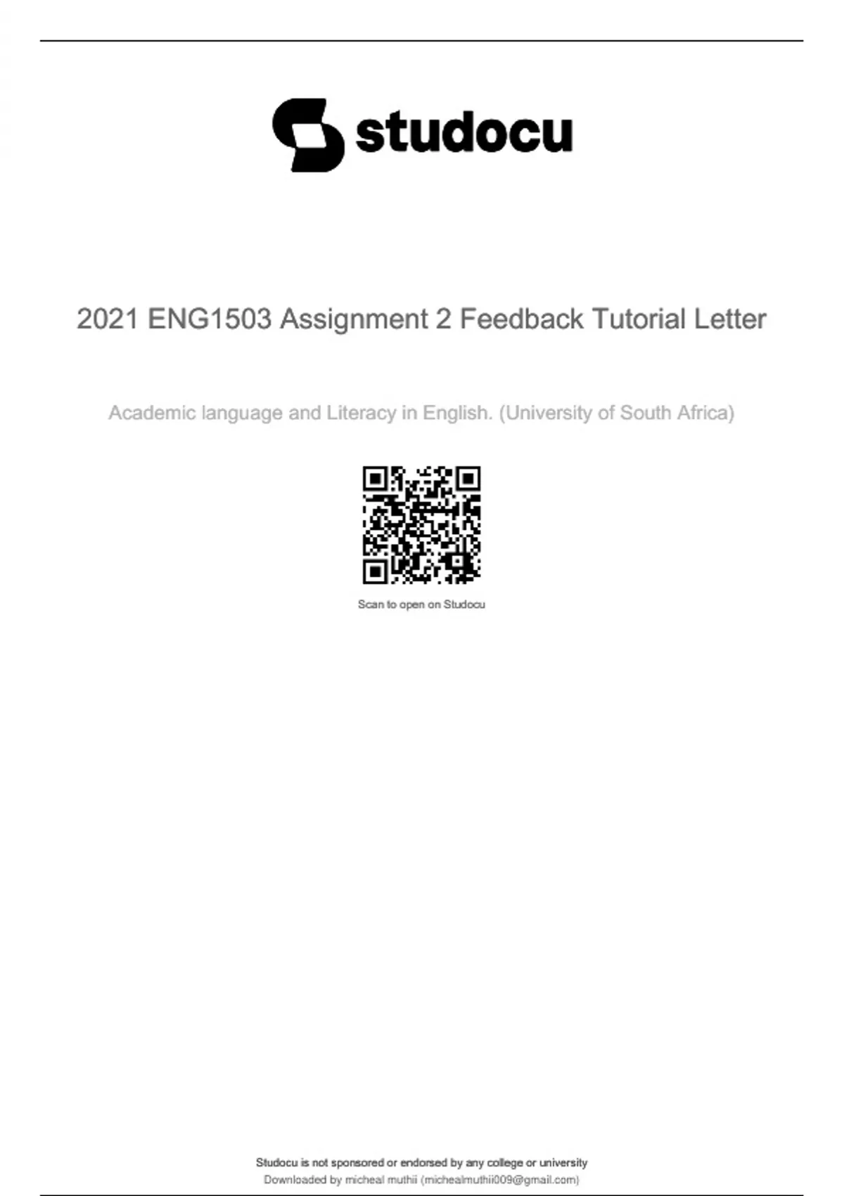 2021 ENG1503 Assignment 2 Feedback Tutorial Letter - ENG1503 - Stuvia US