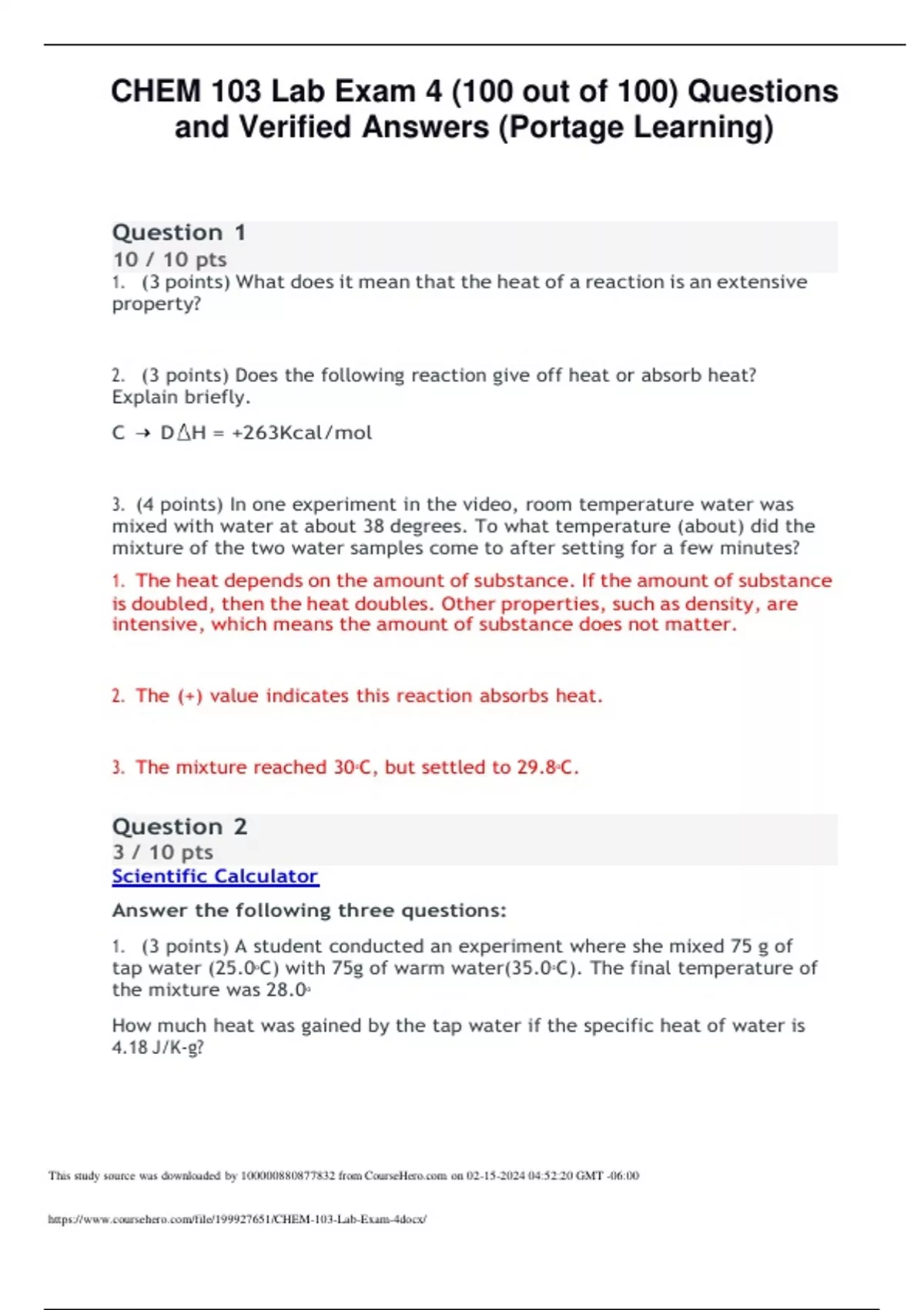 CHEM 103 Lab Exam 4 (LATEST UPDATE) Questions and Verified Answers ...