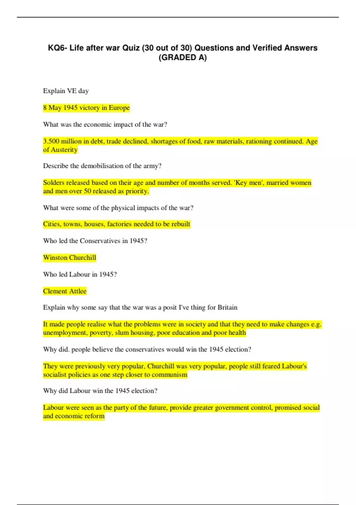 KQ6- Life after war Quiz (30 out of 30) Questions and Verified Answers ...