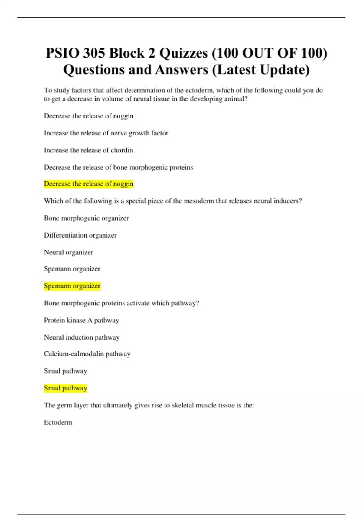 PSIO 305 Block 2 Quizzes (100 OUT OF 100) Questions and Answers | 100% ...