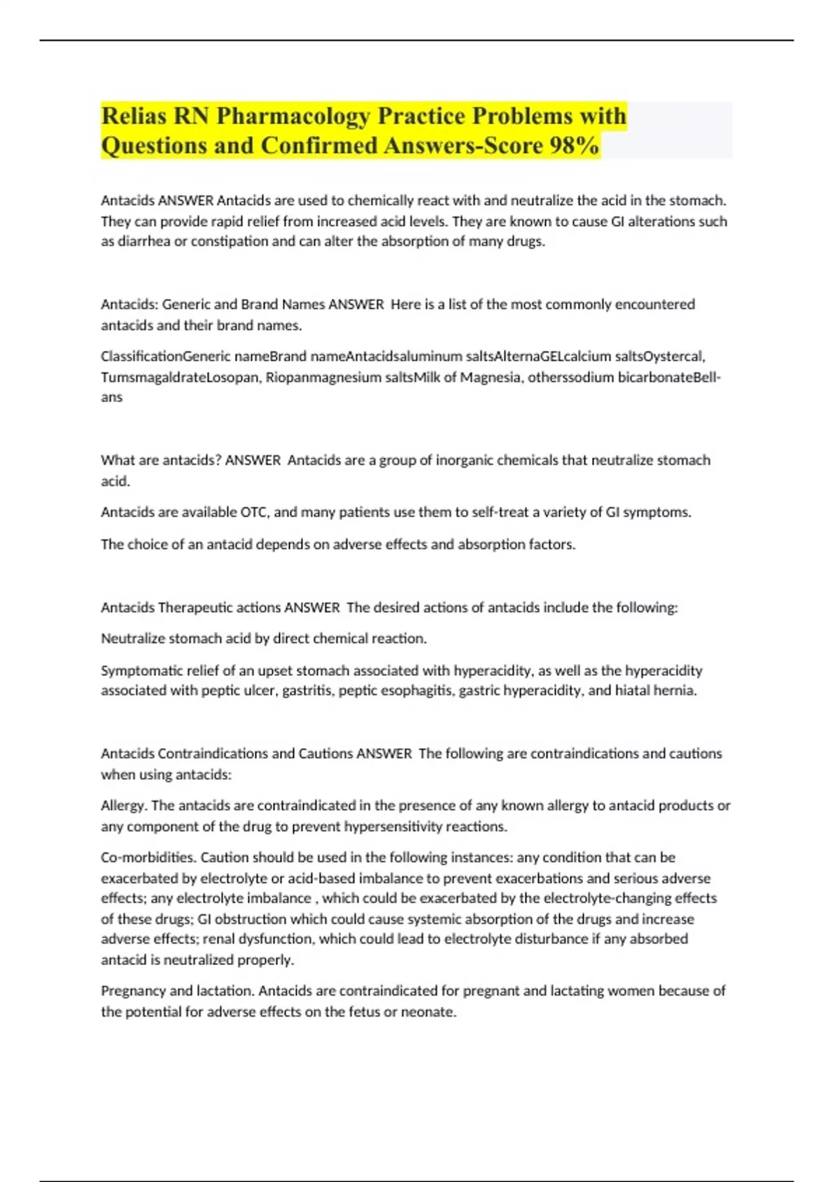 Relias RN Pharmacology Practice Problems with Questions and Confirmed ...