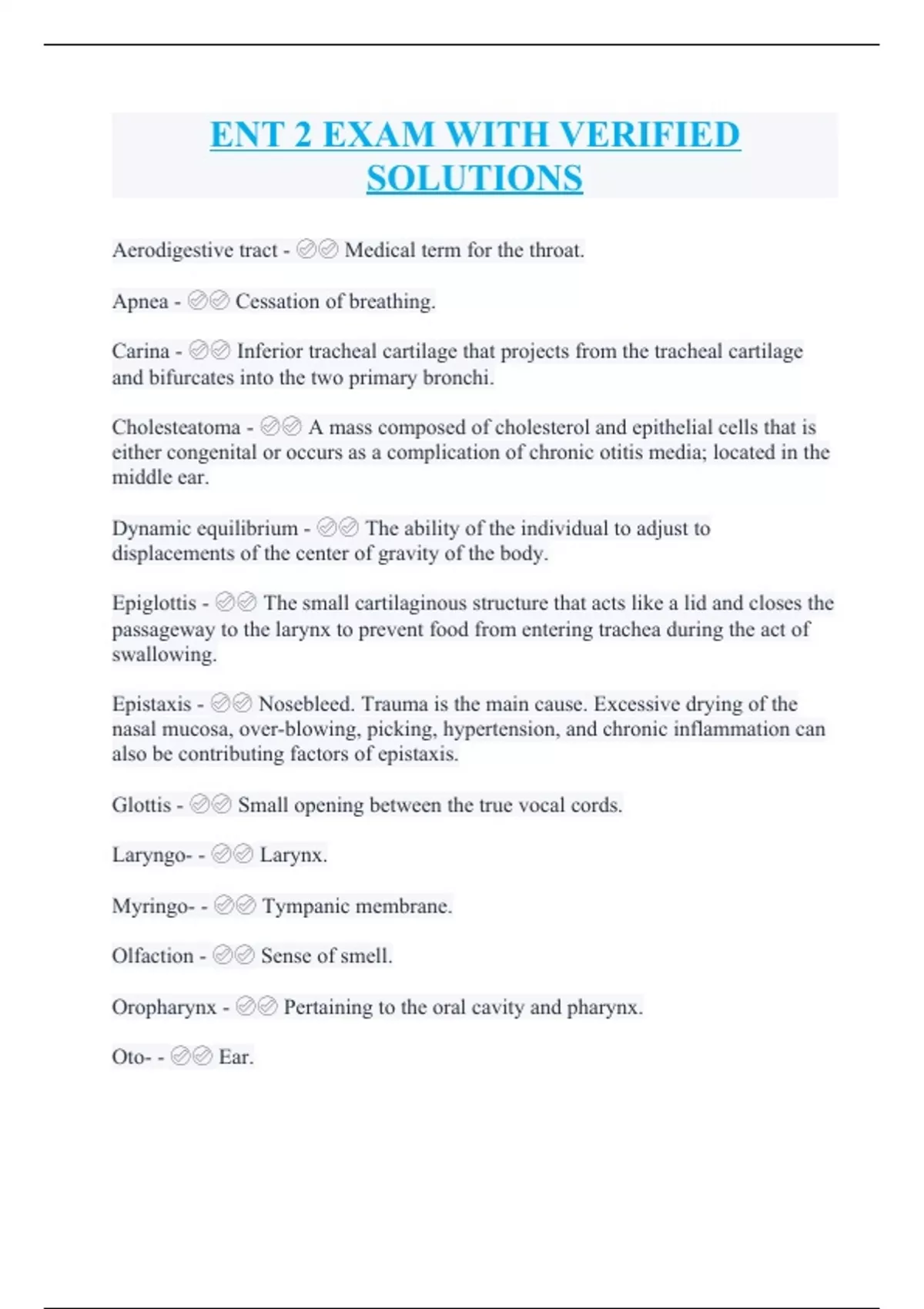 ENT 2 EXAM WITH VERIFIED SOLUTIONS - ENT - Stuvia US