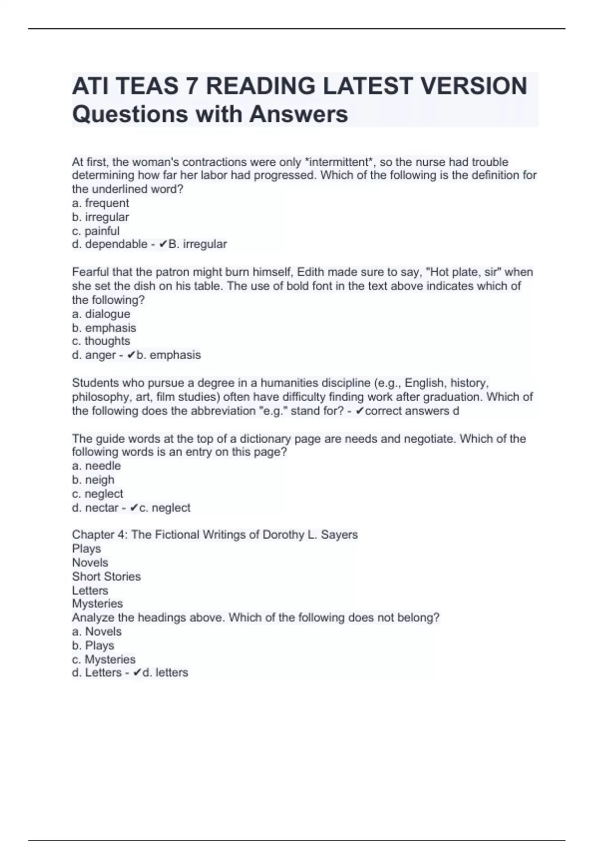 ATI TEAS 7 READING LATEST VERSION Questions with Answers - ATI TEAS 7 ...