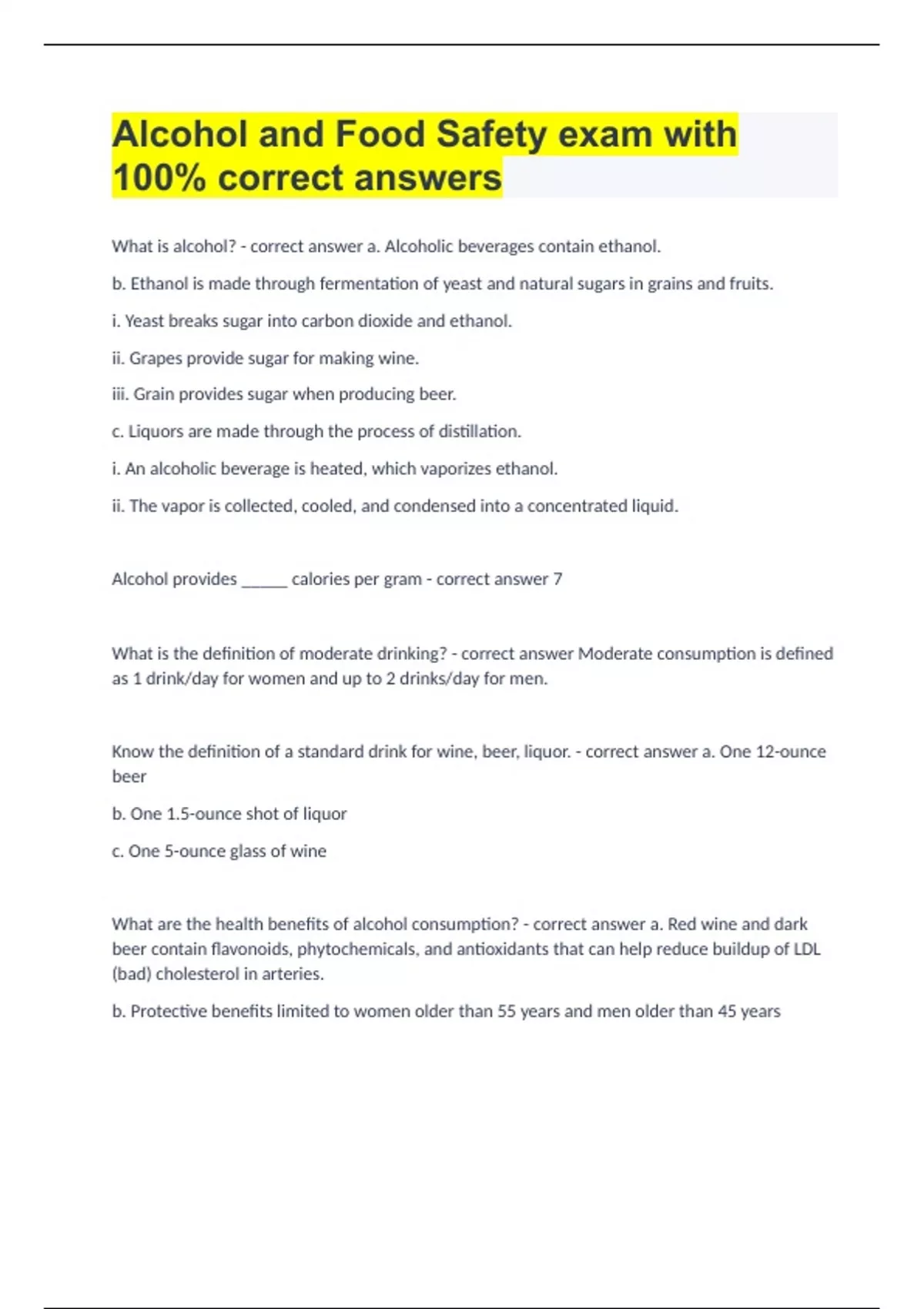 Alcohol and Food Safety exam with 100% correct answers - Food safety ...