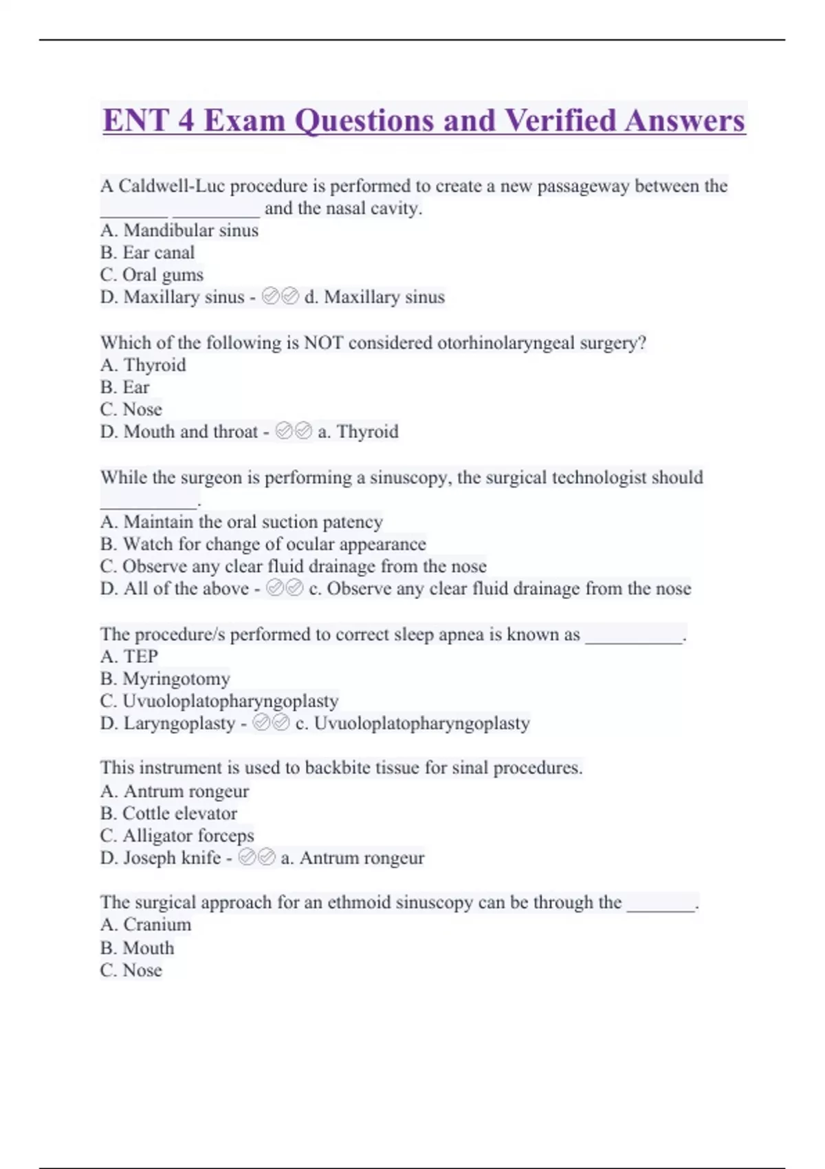 ENT 4 Exam Questions and Verified Answers - ENT - Stuvia US