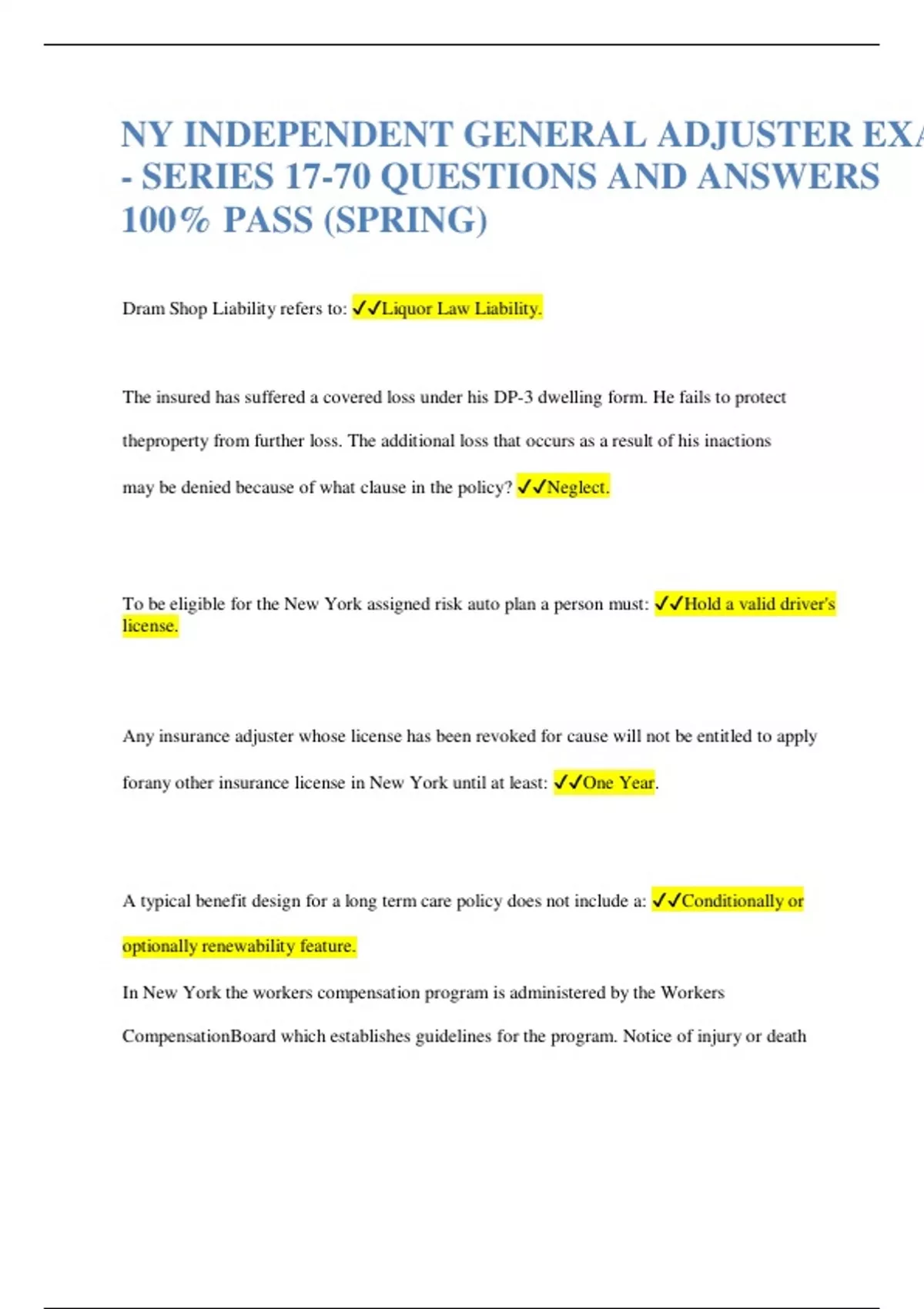NY INDEPENDENT GENERAL ADJUSTER EXAM - SERIES 17-70 QUESTIONS AND ...