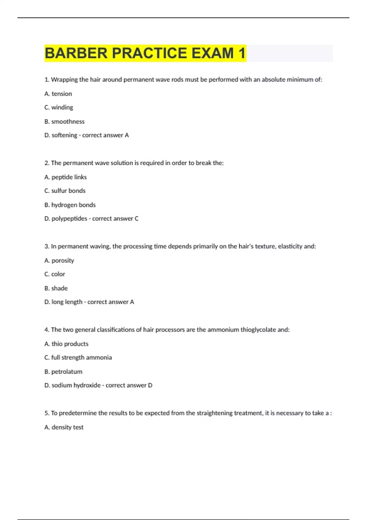 BARBER PRACTICE EXAM 1 SBH30516 - BARBERING AND HAIR DRESSING - Stuvia US