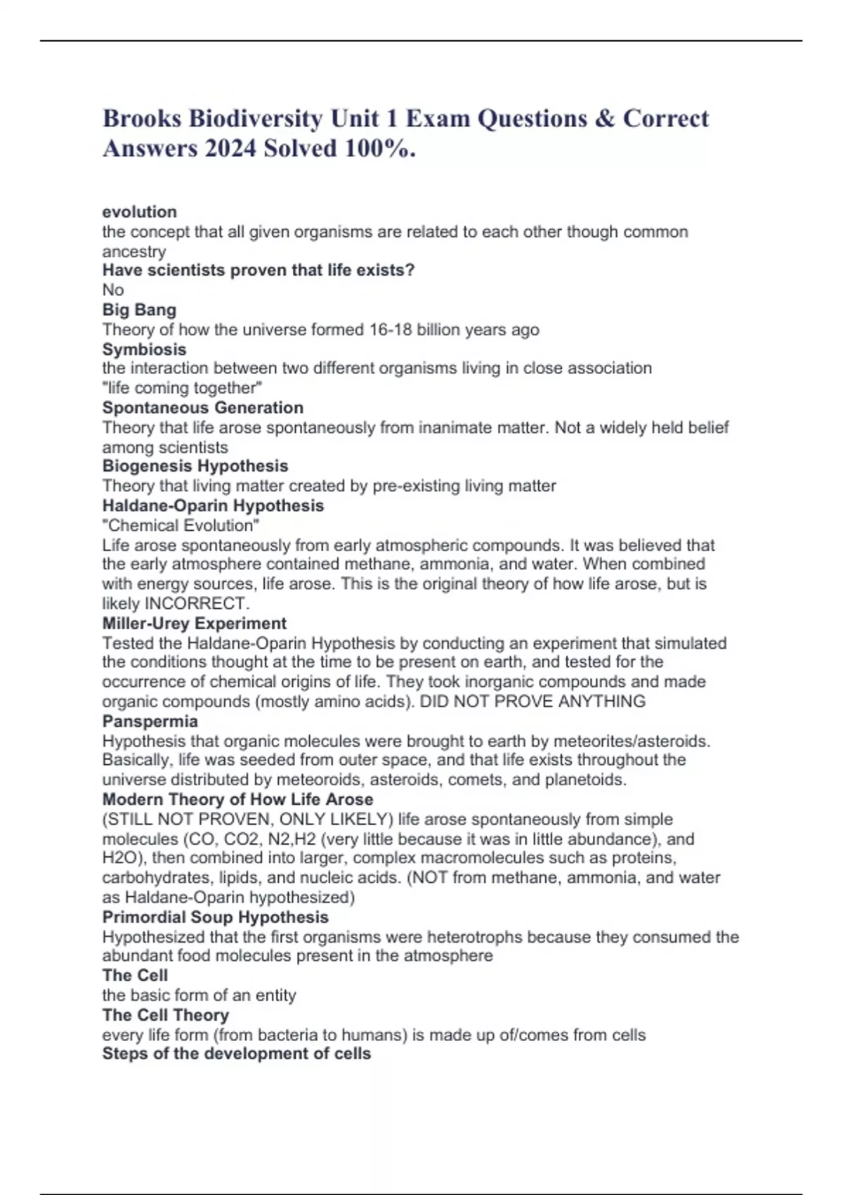 Brooks Biodiversity Unit 1 Exam Questions & Correct Answers 2024 Solved 100%. - Brooks - Stuvia US