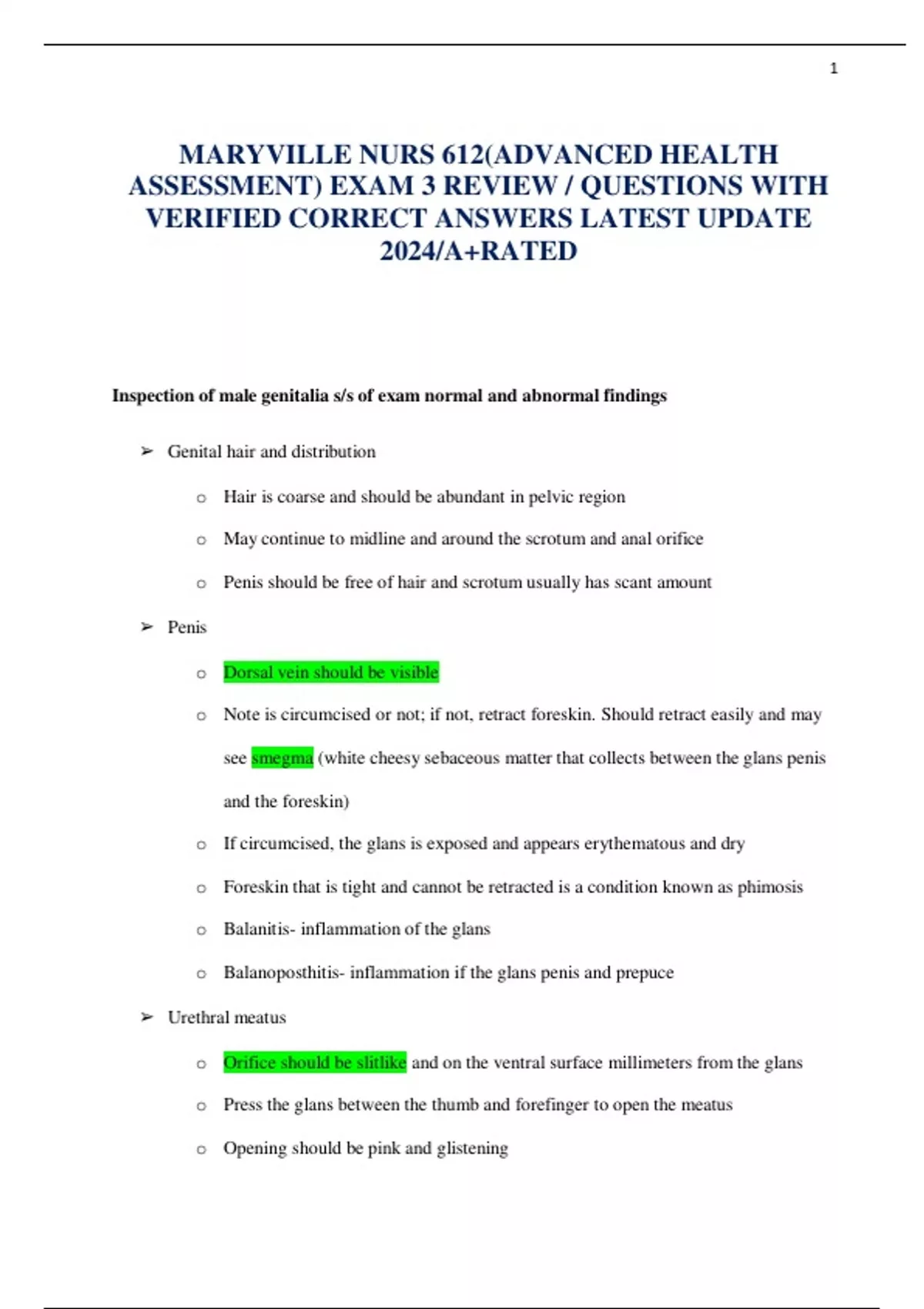 MARYVILLE NURS 612(ADVANCED HEALTH ASSESSMENT) EXAM 3 REVIEW ...
