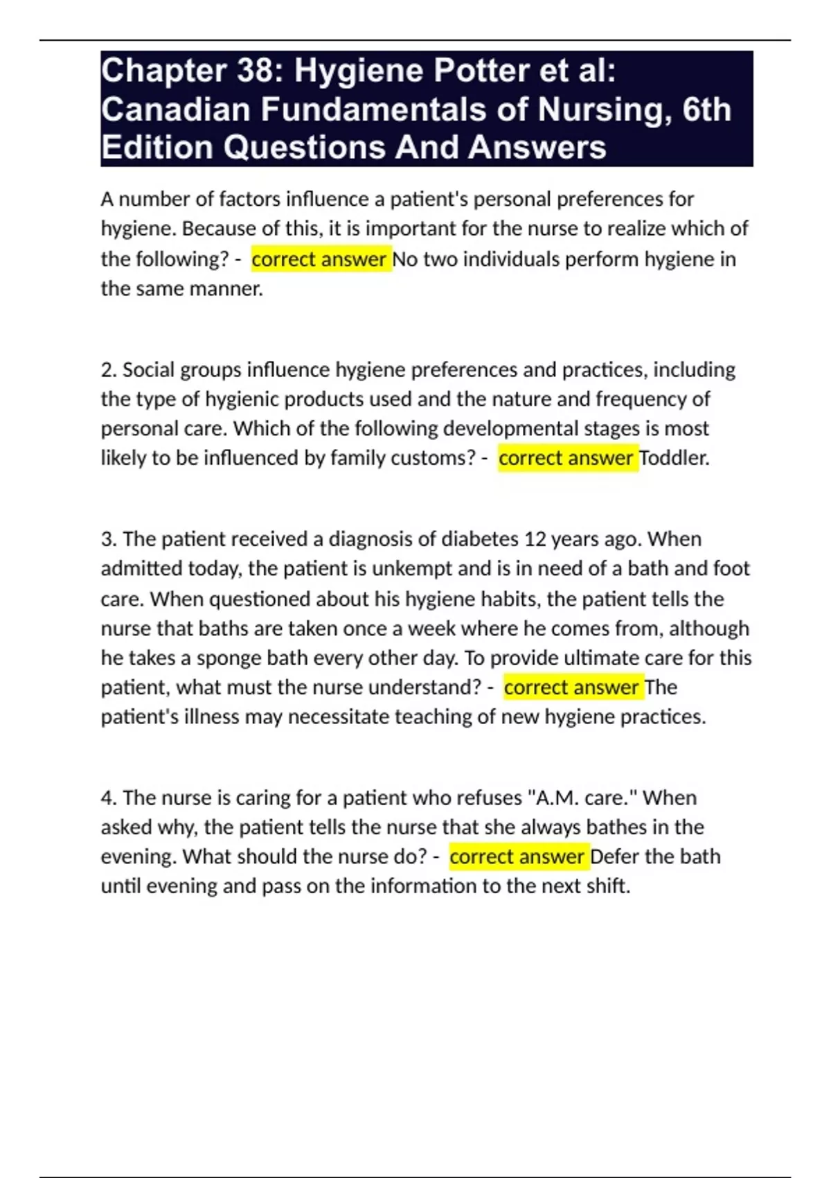 Chapter 38: Hygiene Potter et al: Canadian Fundamentals of Nursing, 6th ...