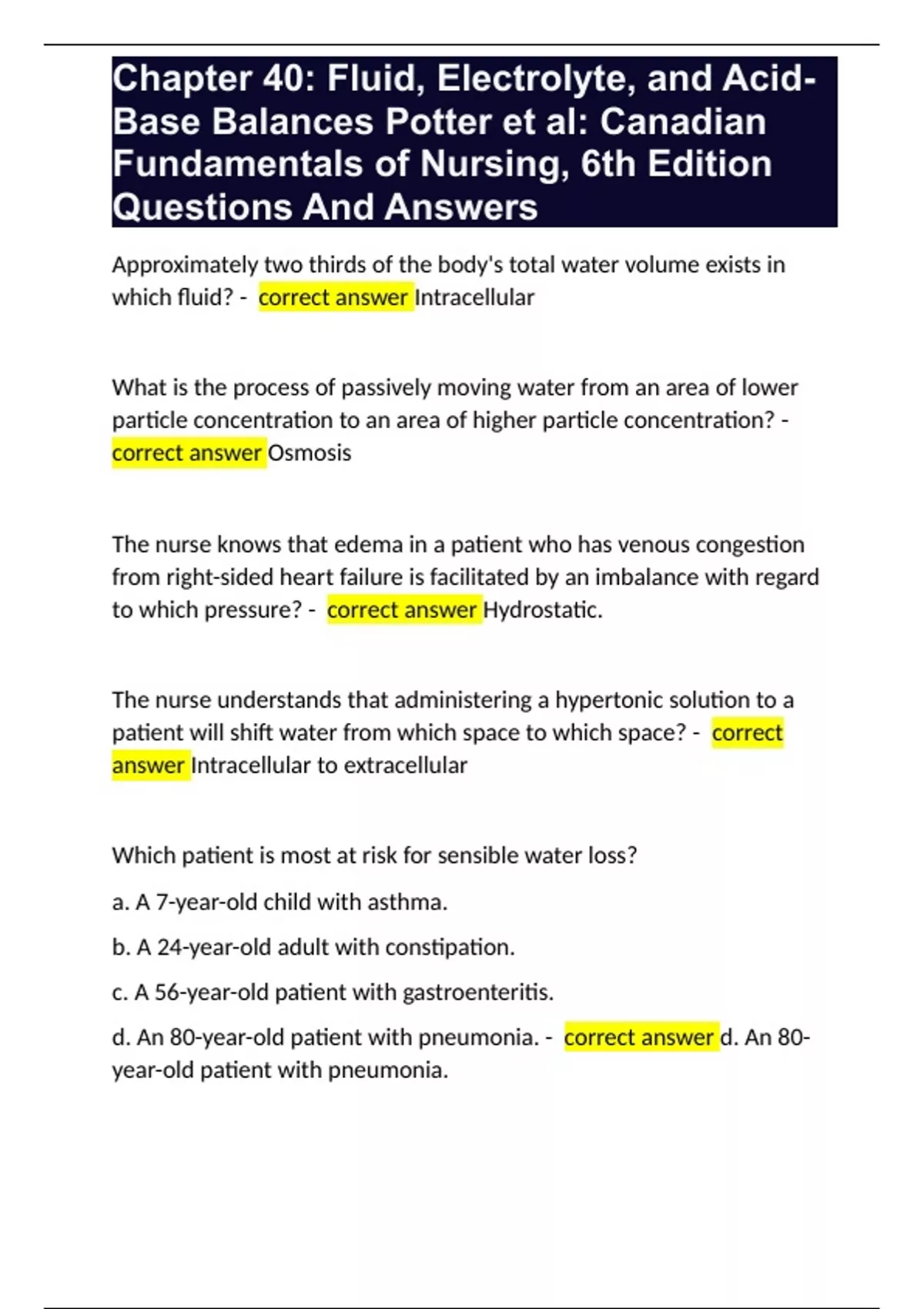 Chapter 40: Fluid, Electrolyte, and Acid-Base Balances Potter et al ...