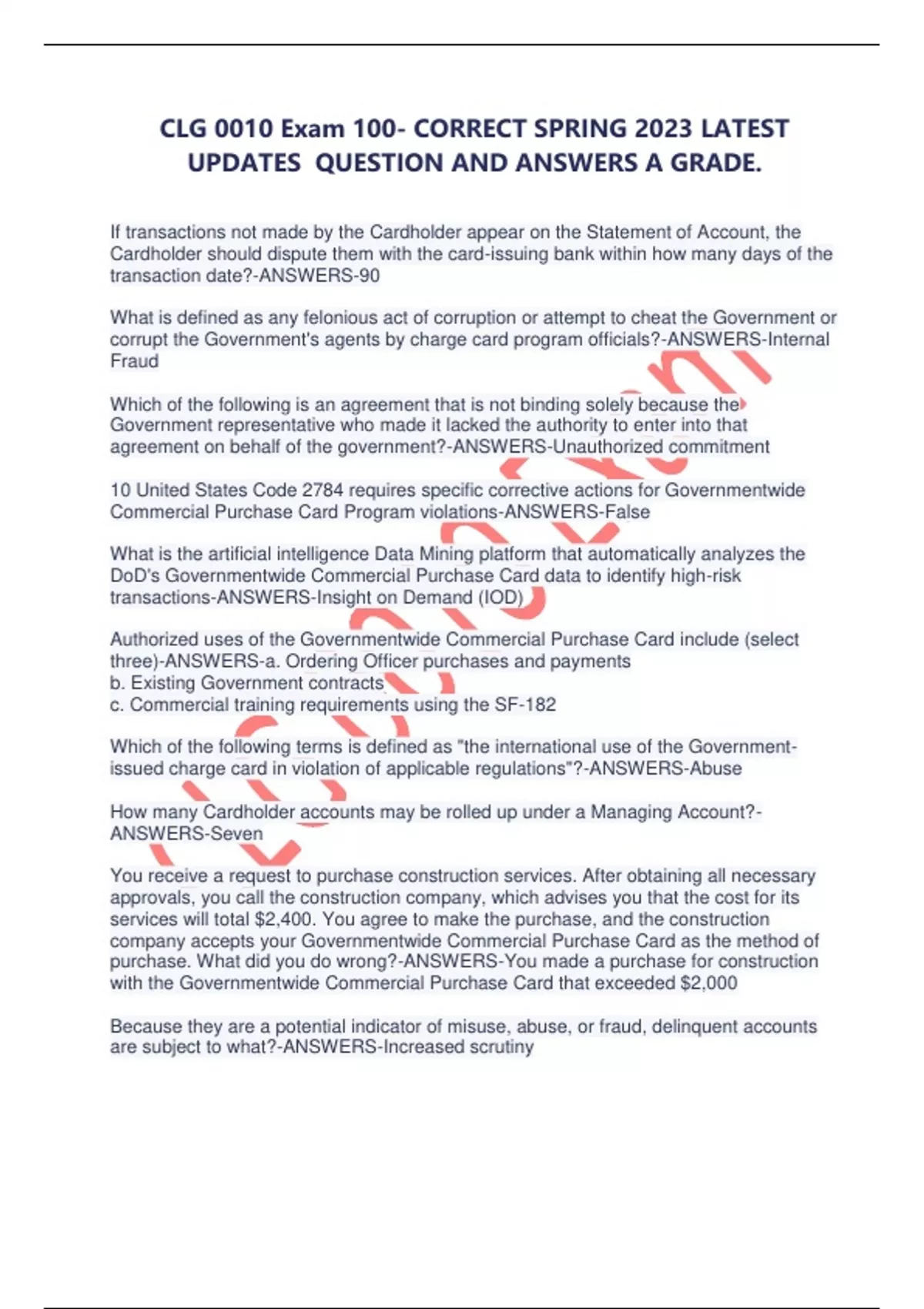 CLG 0010 Exam 100- CORRECT SPRING 2023 LATEST UPDATES QUESTION AND ...
