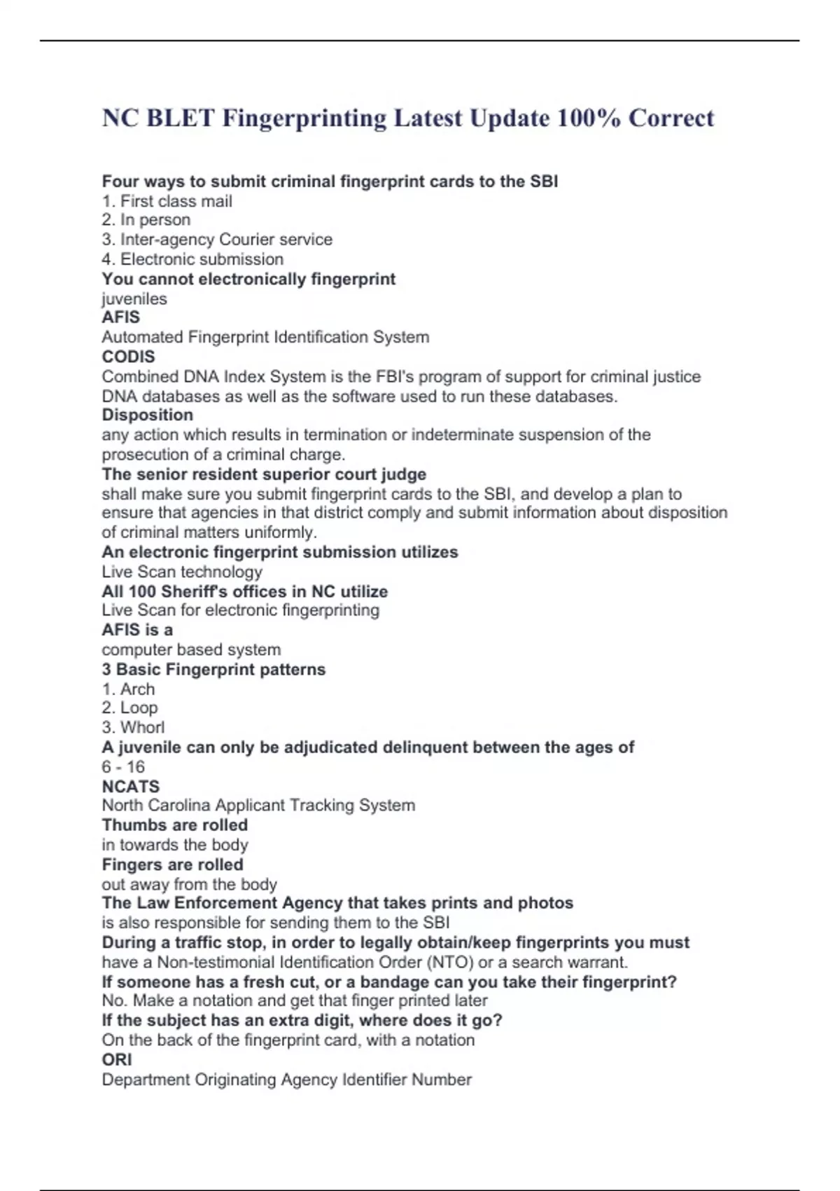 NC BLET Fingerprinting Latest Update 100% Correct - NC BLET - Stuvia US